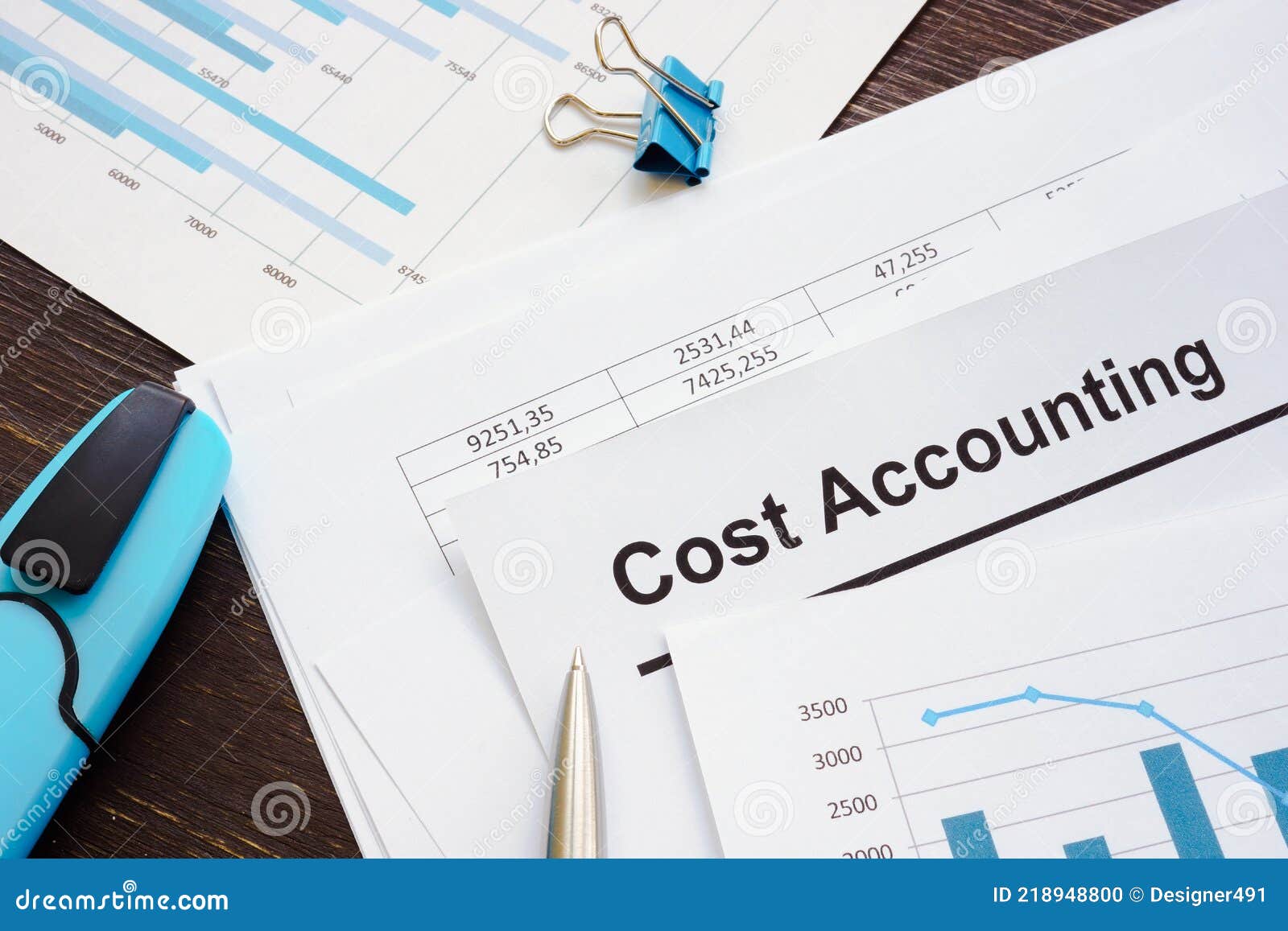 Calculations and Cost Accounting Report with Stack of Papers. Stock ...