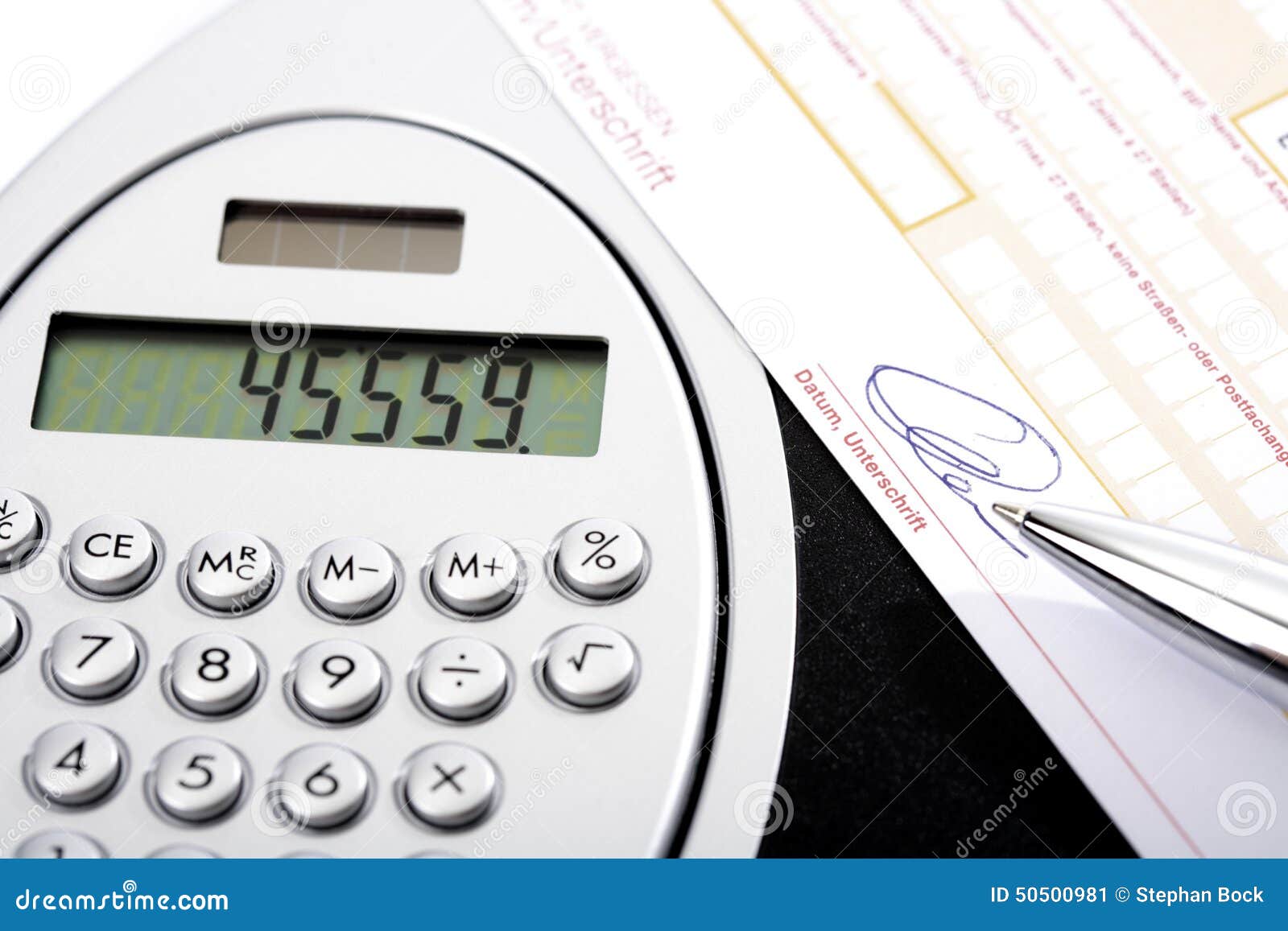 Calculator, Bank Transfer and Ball Pen Stock Image - Image of signature ...