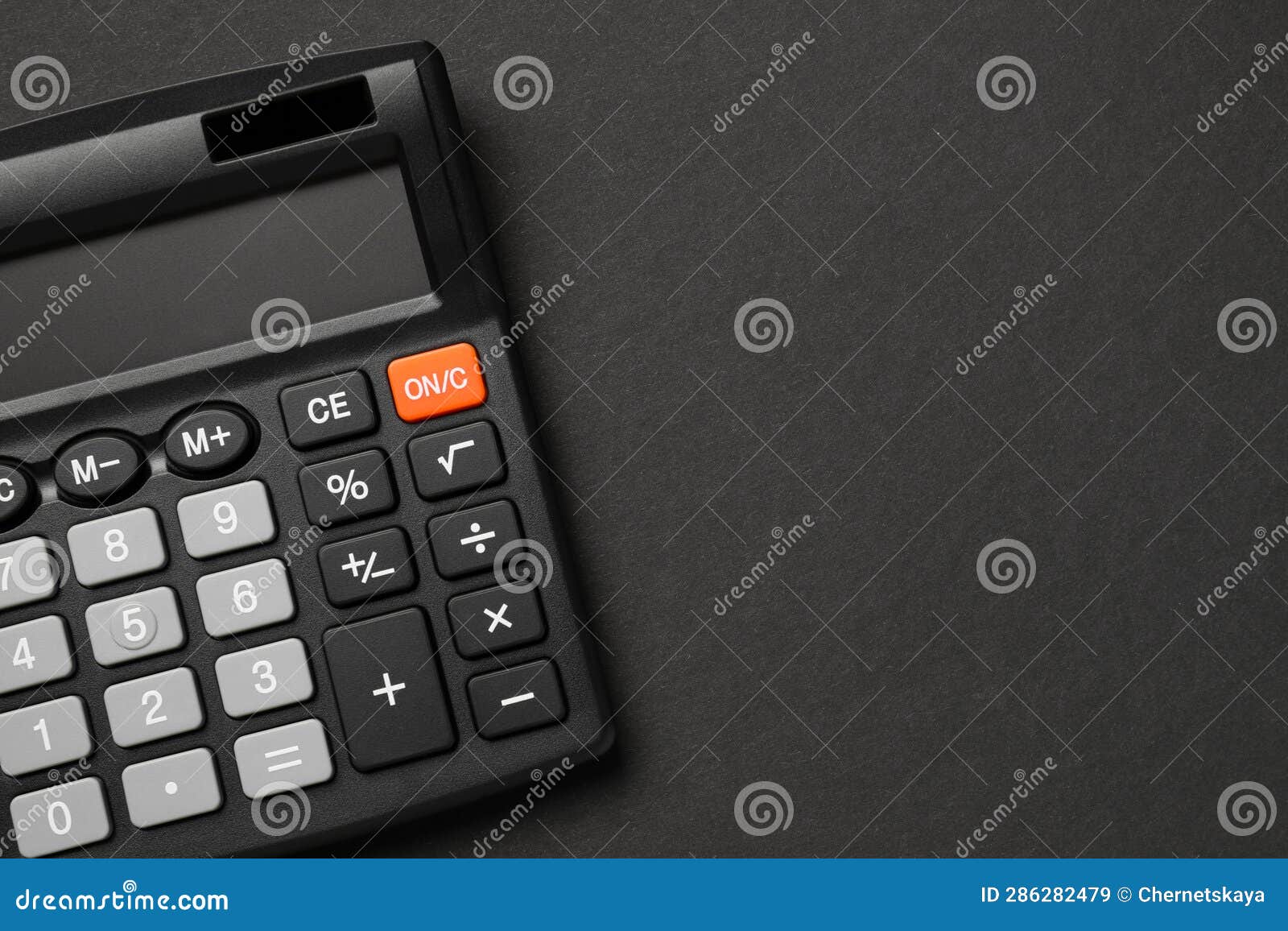 Calculator on Black Background, Top View. Space for Text Stock Image ...