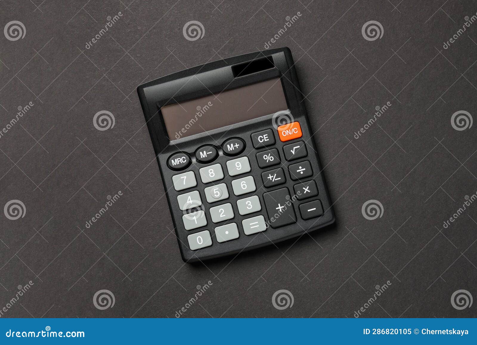 Calculator on Black Background, Top View. Space for Text Stock Image ...