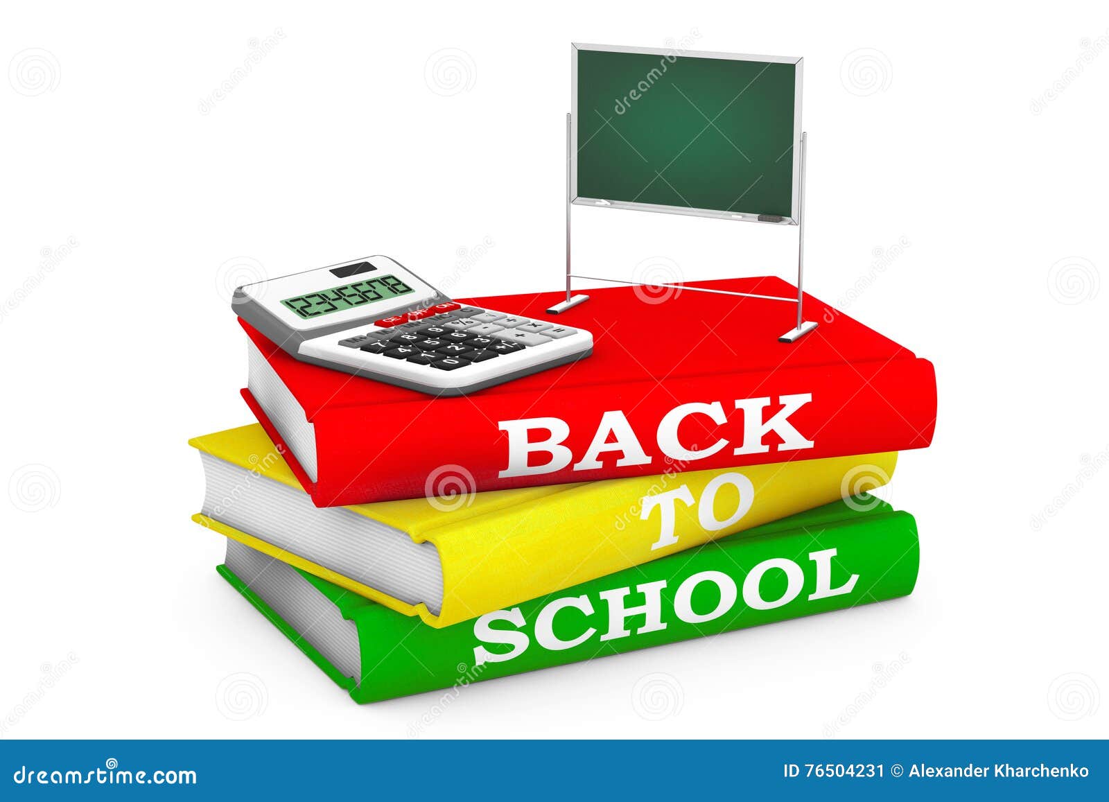 Calculator with Blackboard Over Books with Back To School Sign. Stock ...