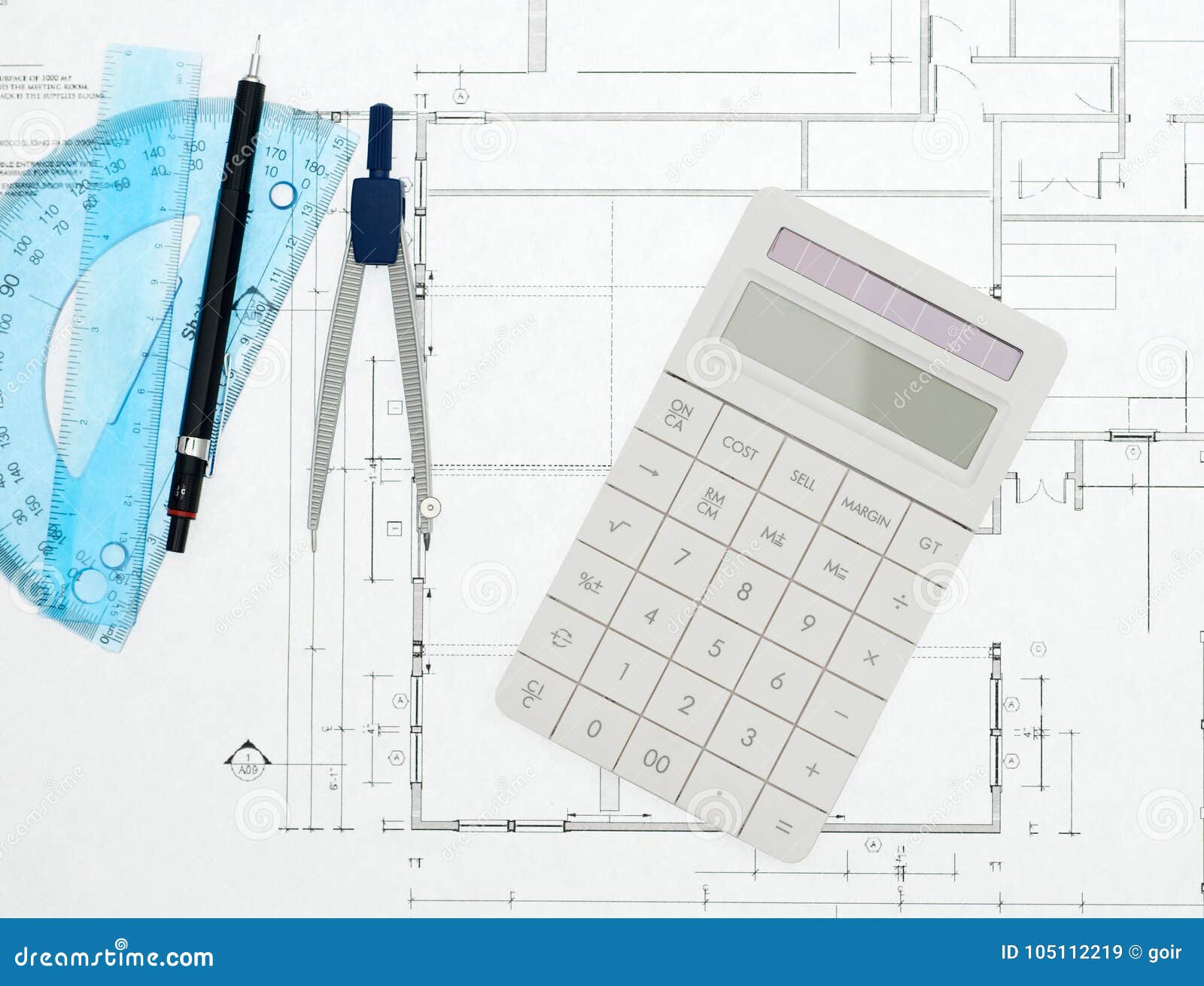 Calculator on Blueprint Top View Stock Image - Image of development ...