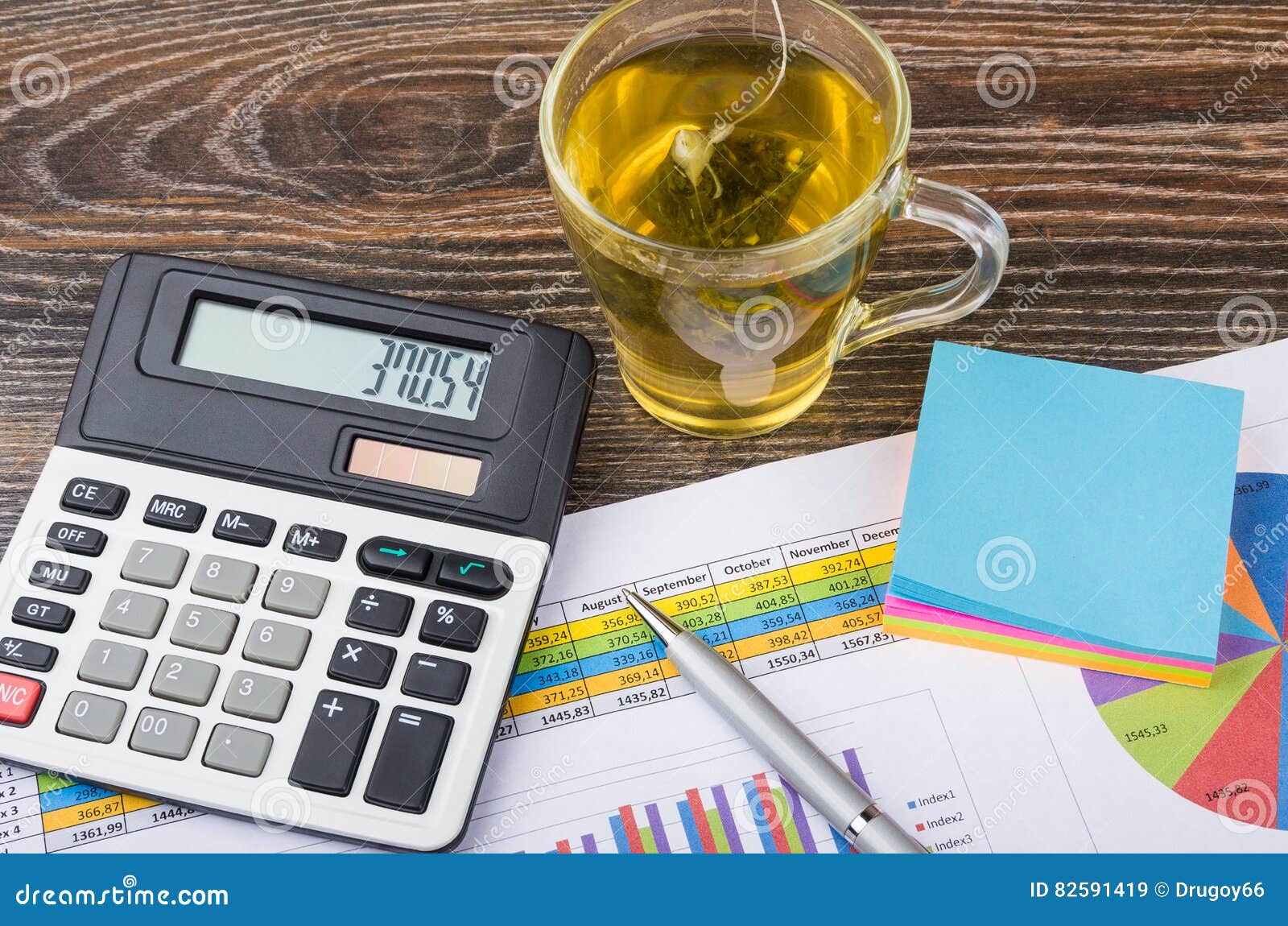 Calculator, Cup of Tea and Printout with Graphs Stock Image - Image of ...