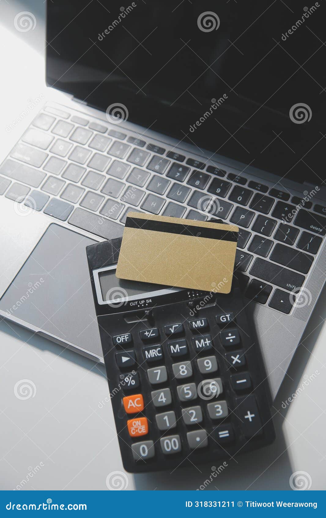 Calculator on a Dark Background, Plastic Cards and Banknotes Stock ...