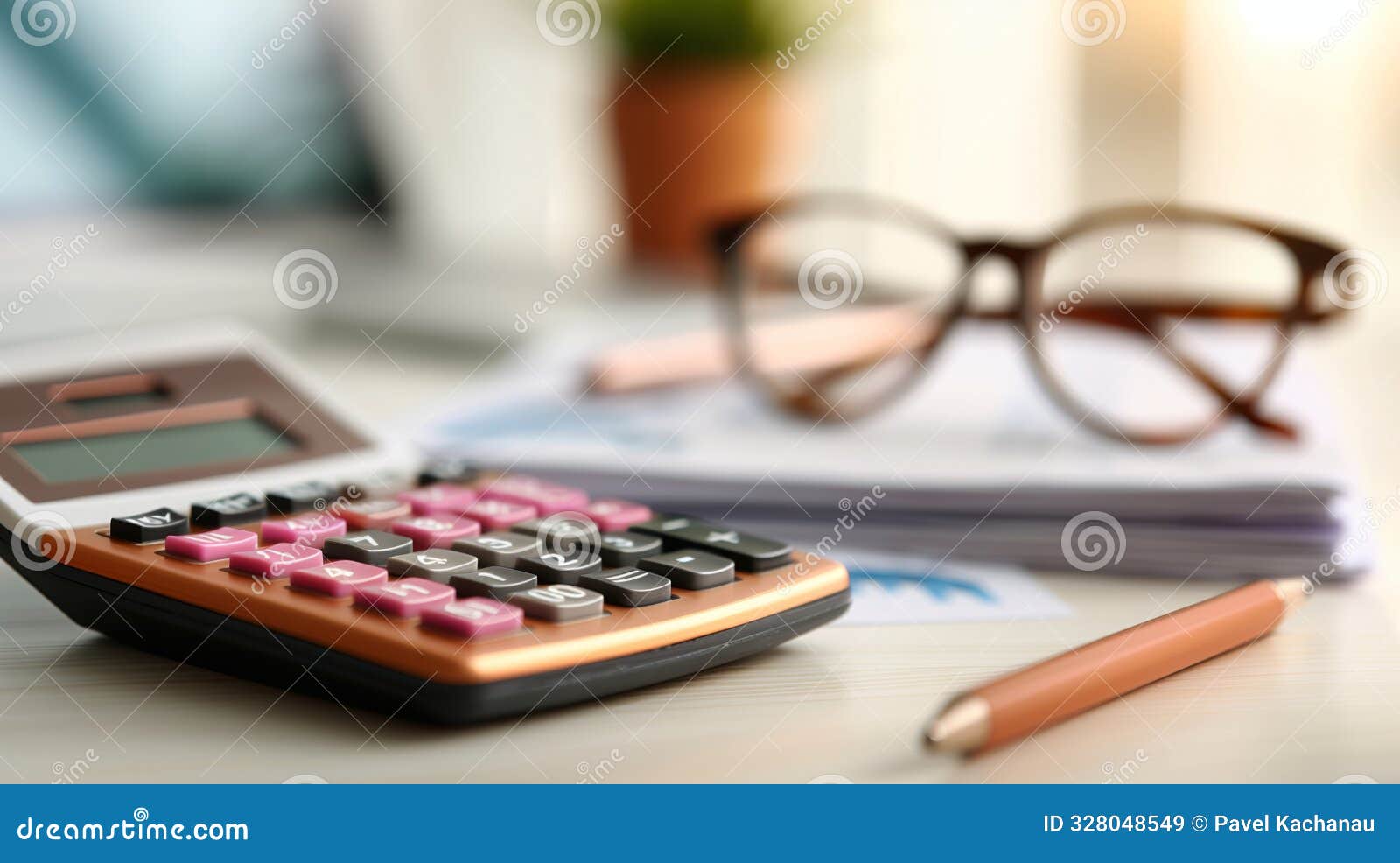 Calculator on a Desk with a Ledger and a Pen Stock Image - Image of ...