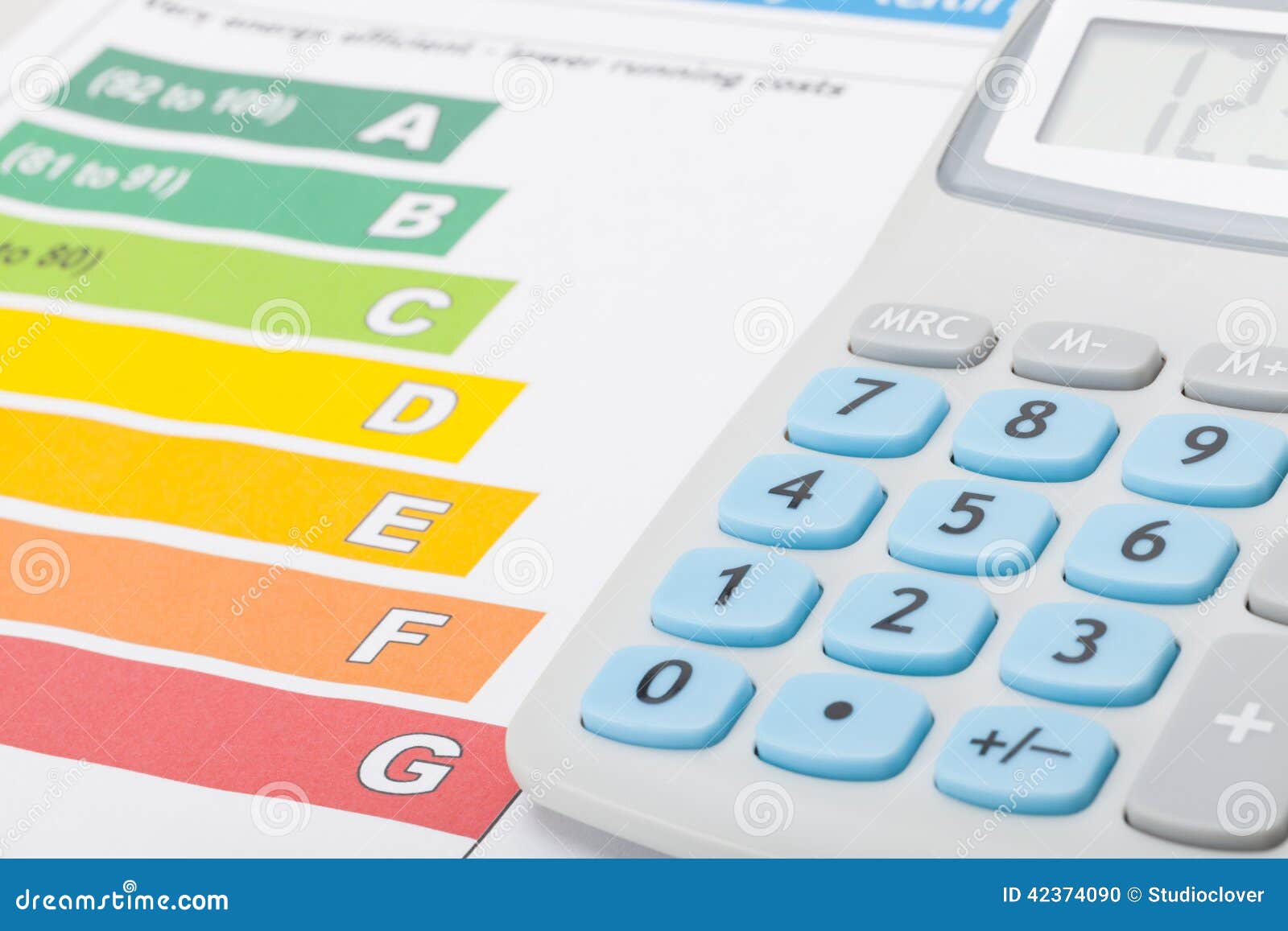 Calculator with Energy Efficiency Chart Stock Photo - Image of bill ...