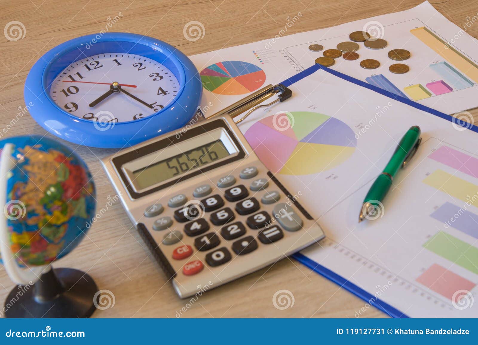 Calculator on Financial Charts and Graphs, Collage with Clock. Clock ...
