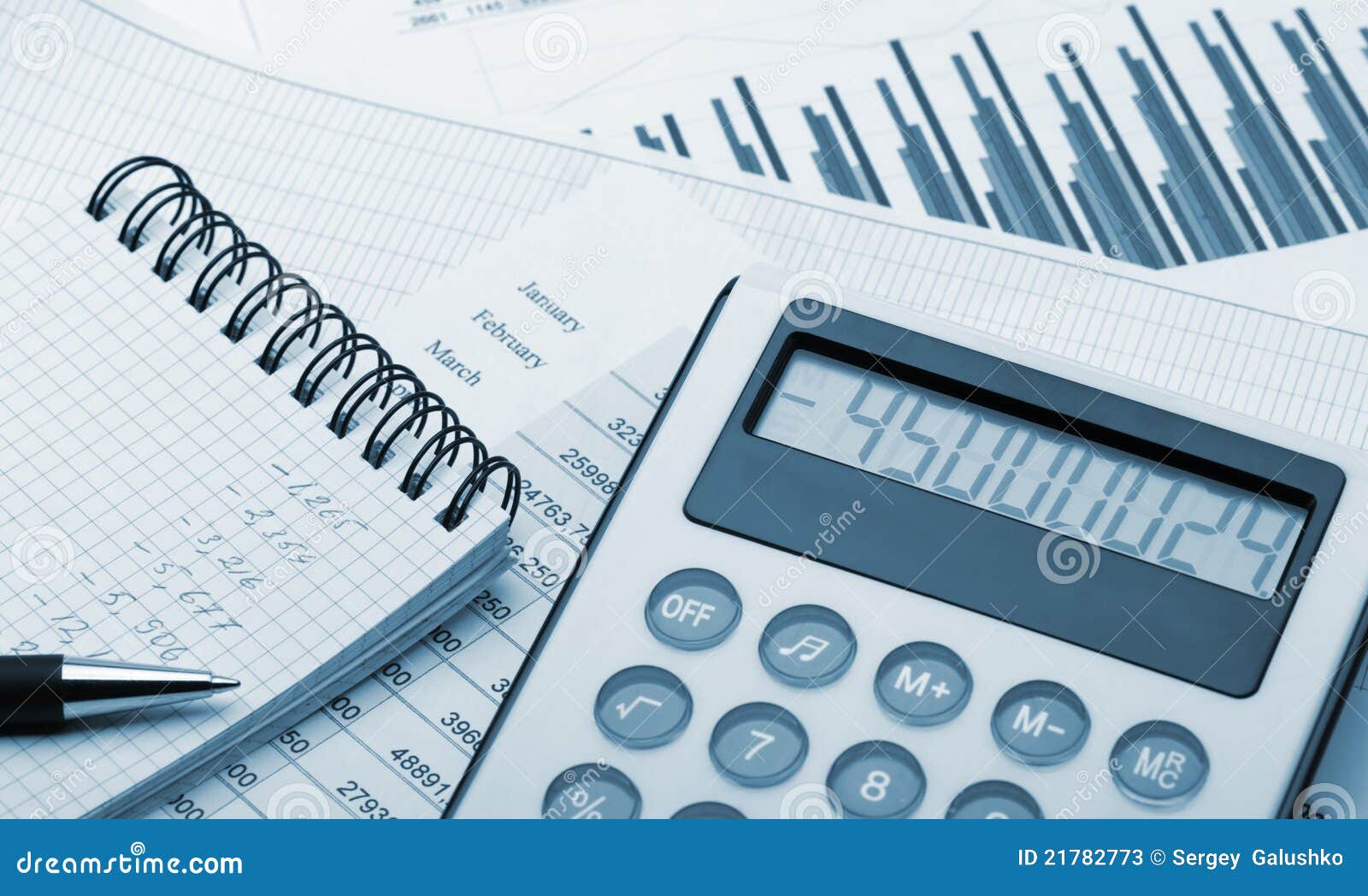 The Calculator and the Financial Report Blue Toned Stock Image - Image ...