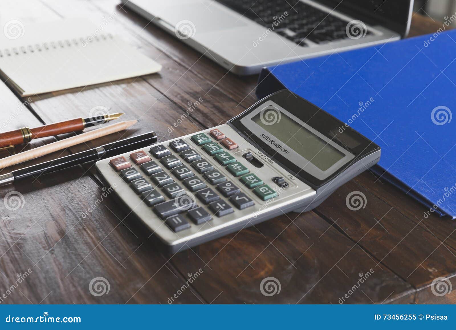 Calculator, Laptop Computer, Pen and Notebook on Office Desk Stock ...