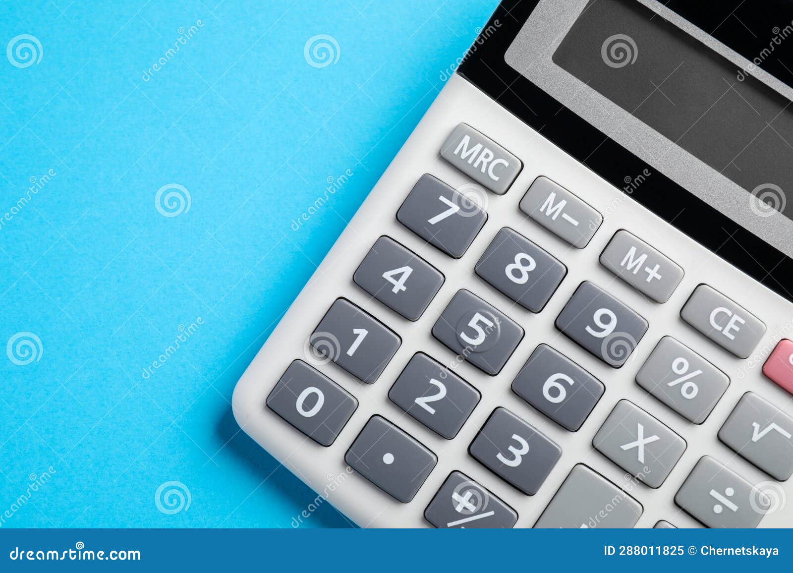Calculator on Light Blue Background, Top View. Space for Text Stock ...