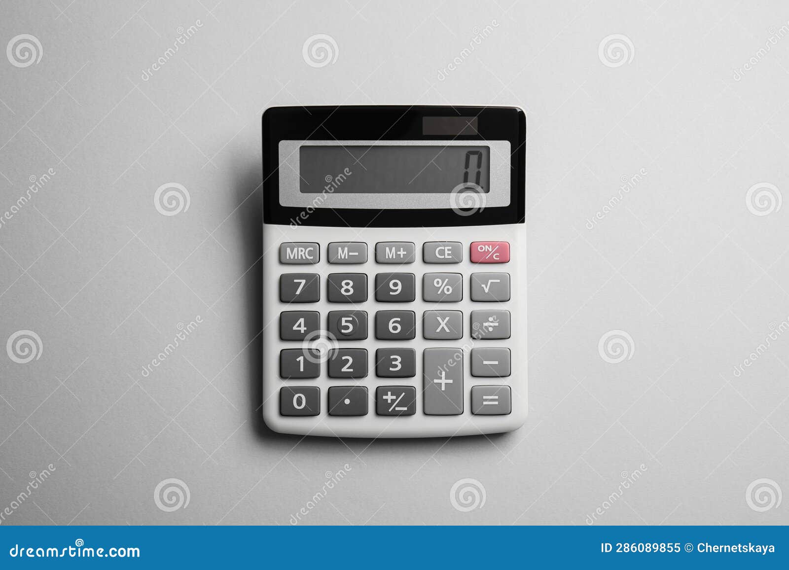 Calculator on Light Gray Background, Top View. Office Equipment Stock ...