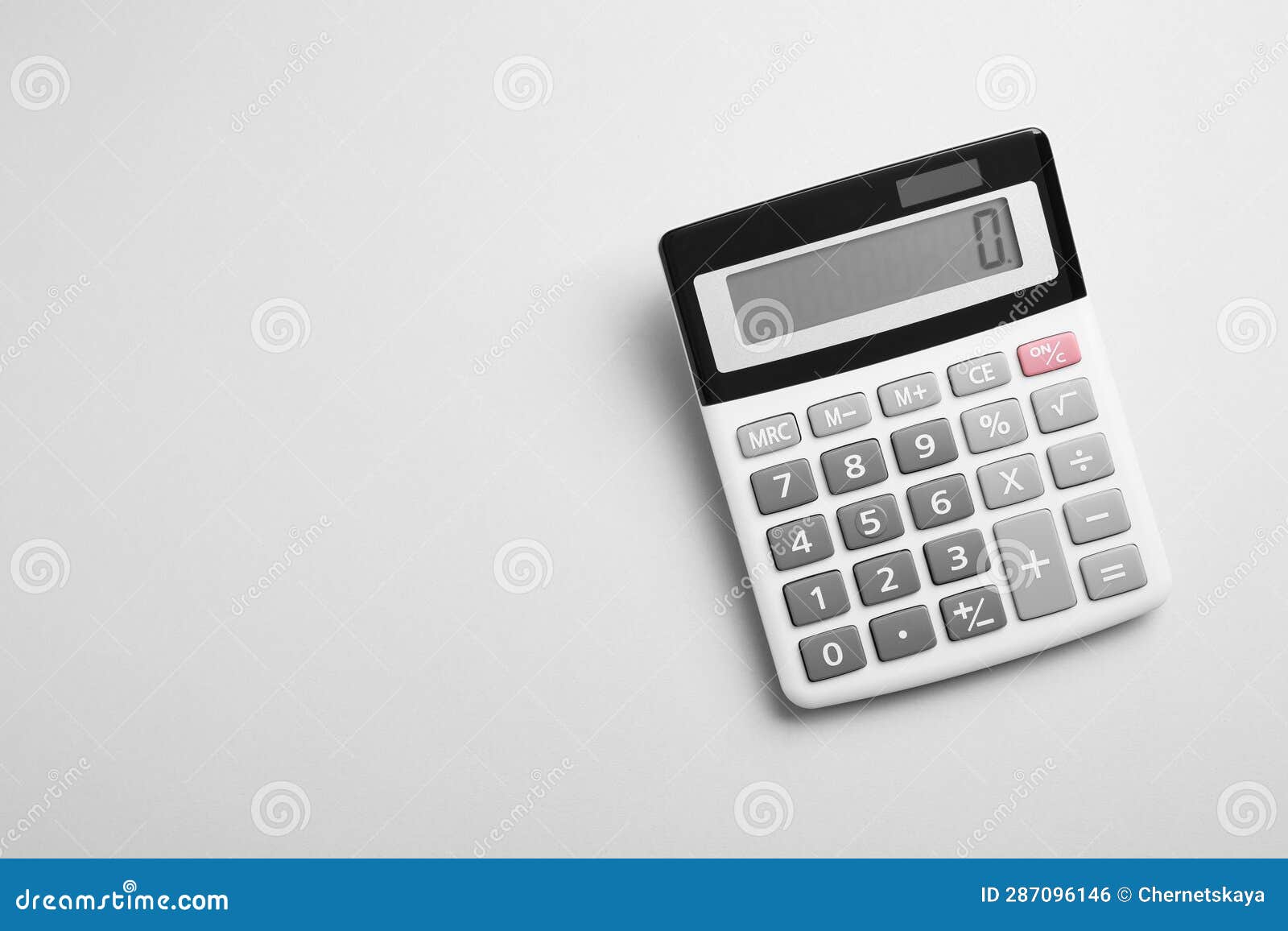 Calculator on Light Gray Background, Top View. Space for Text Stock ...