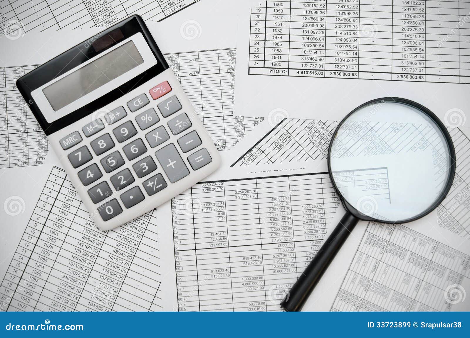 Calculator and Magnifier on Documents. Stock Image - Image of office ...