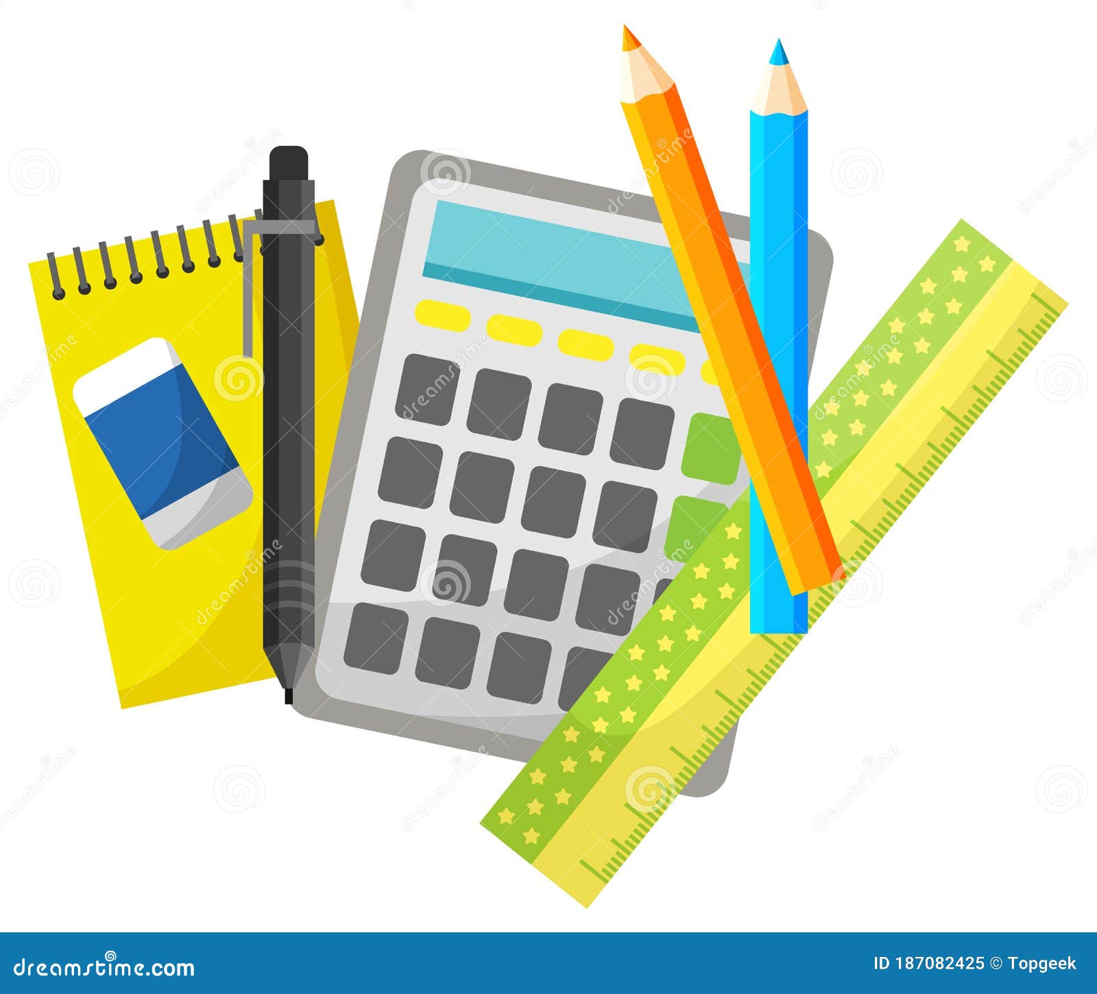 Calculator and Notebook with Pencil and Pen Set Stock Vector ...