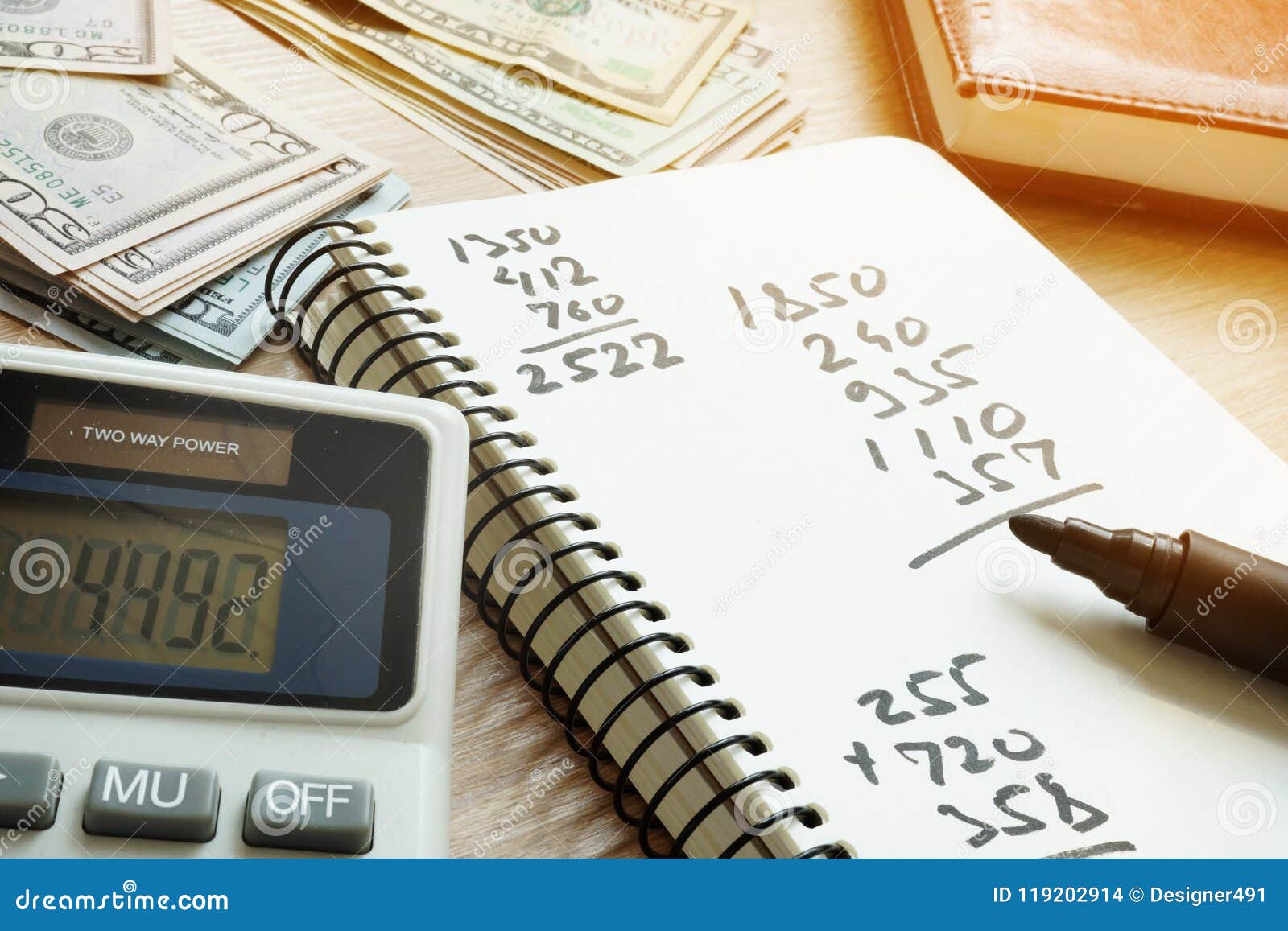 Calculator And Notepad With Calculations After Counting Money Stock