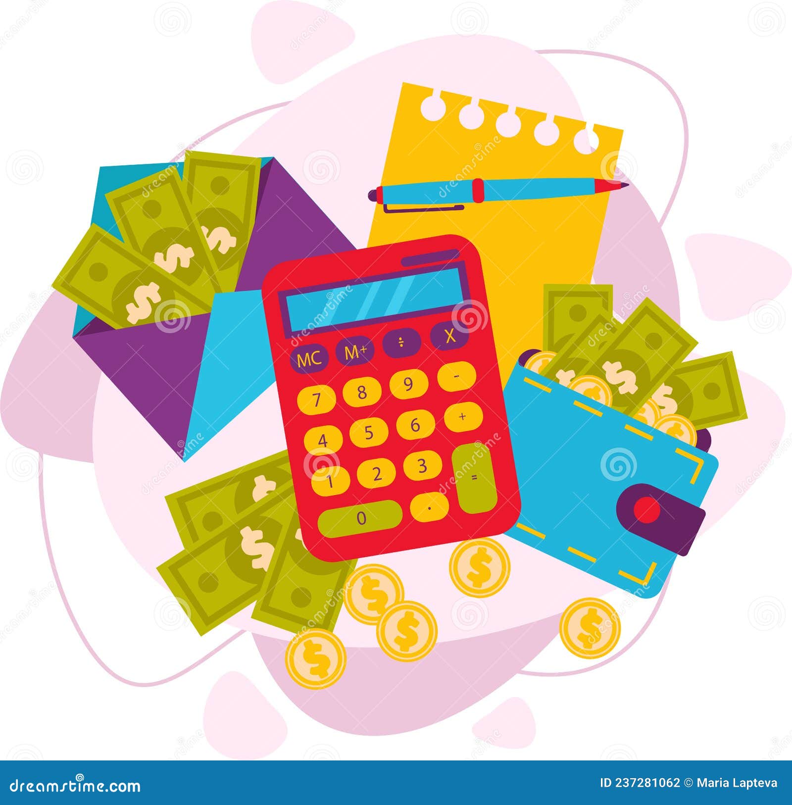 Calculator, Notepad, Pen. Money in an Envelope and Wallet Stock Vector ...