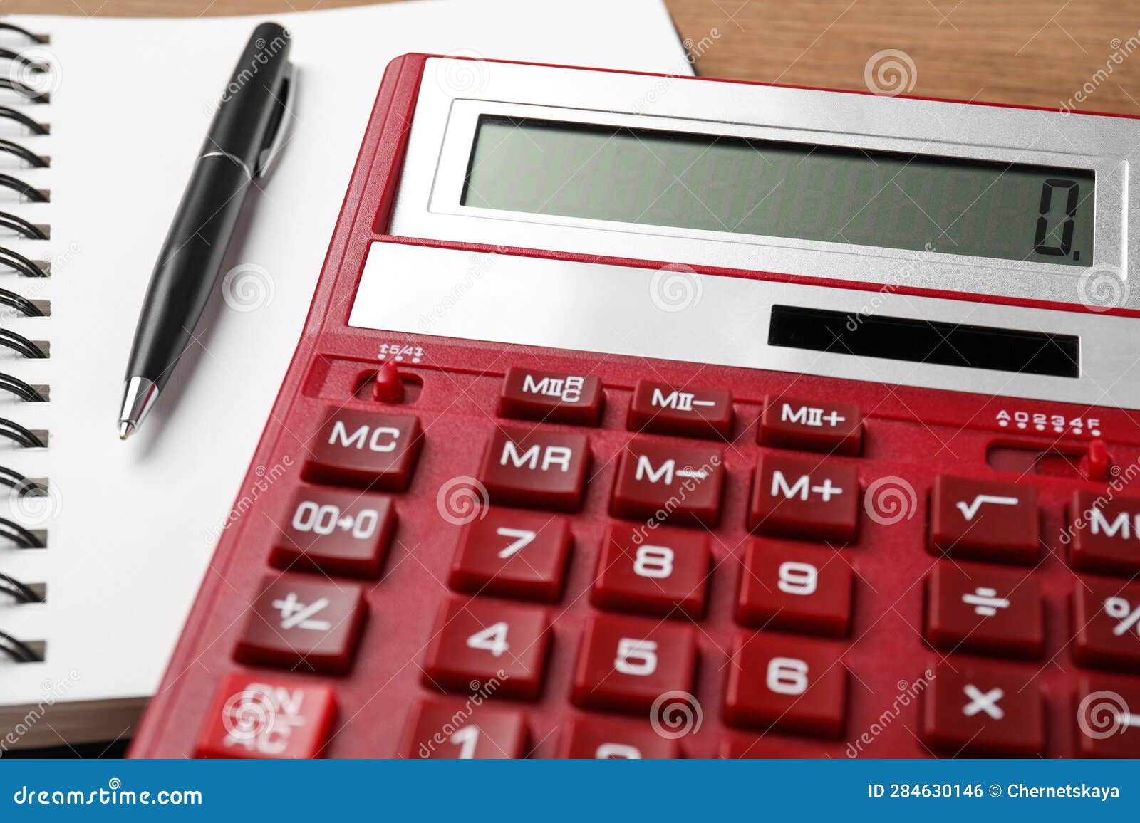 Calculator and Office Stationery on Table, Closeup Stock Photo - Image ...