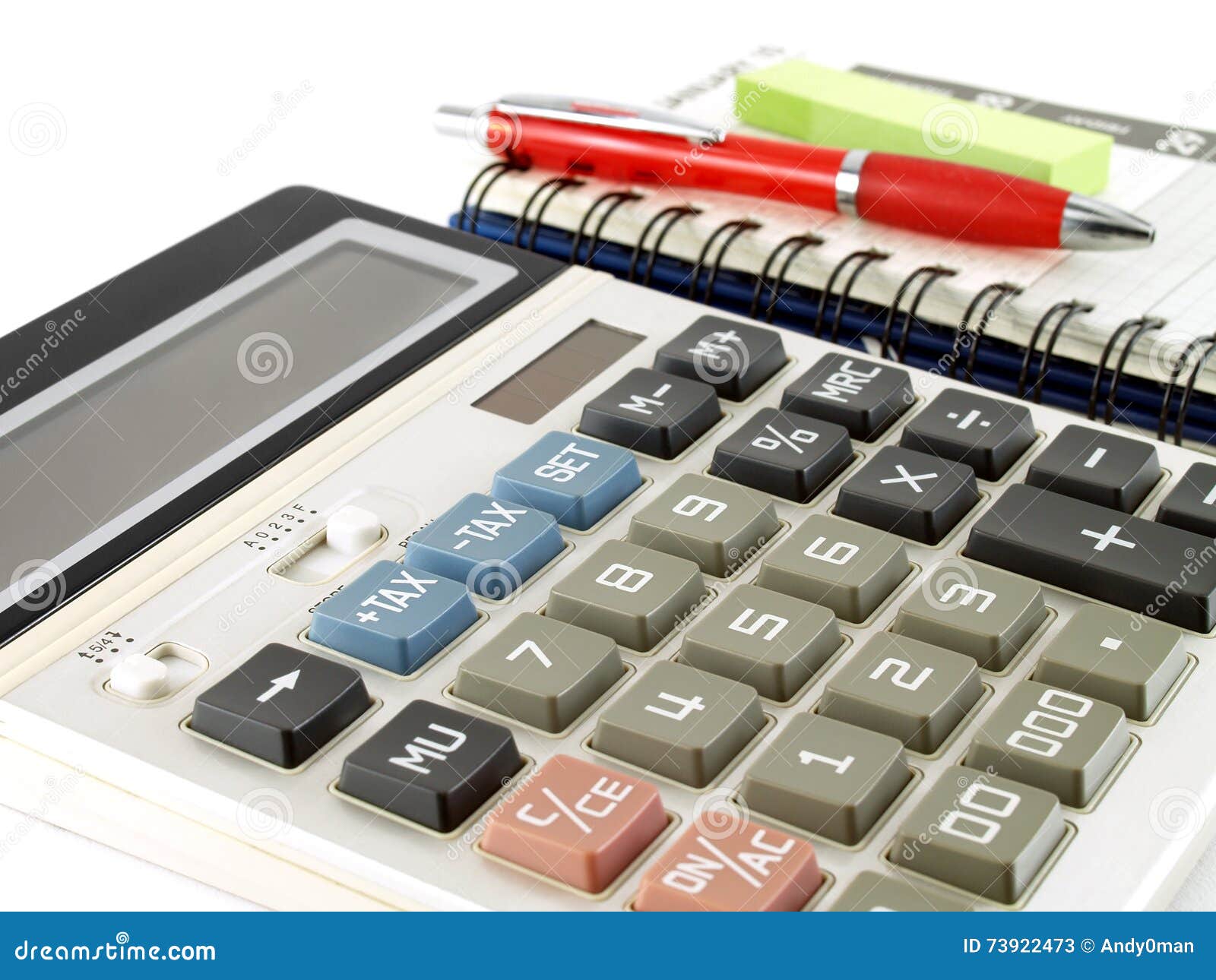 Colorful Buttons on White Calculator with Red Ballpoint Pen and Green ...