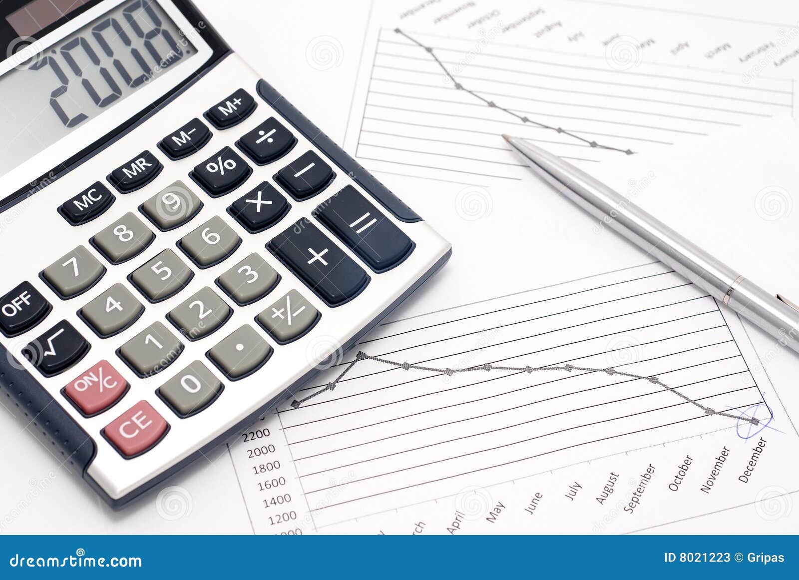 Calculator, pen and graph stock image. Image of indicator - 8021223