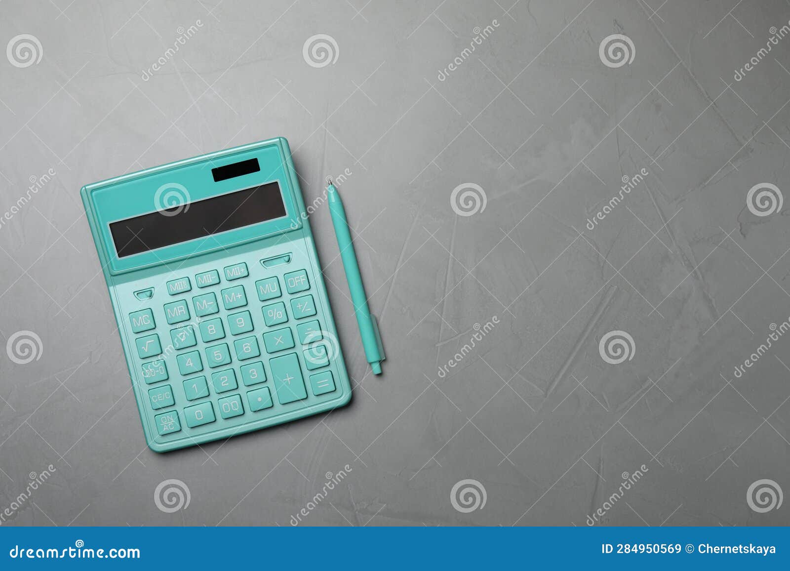 Calculator and Pen on Grey Table, Top View. Space for Text Stock Image ...