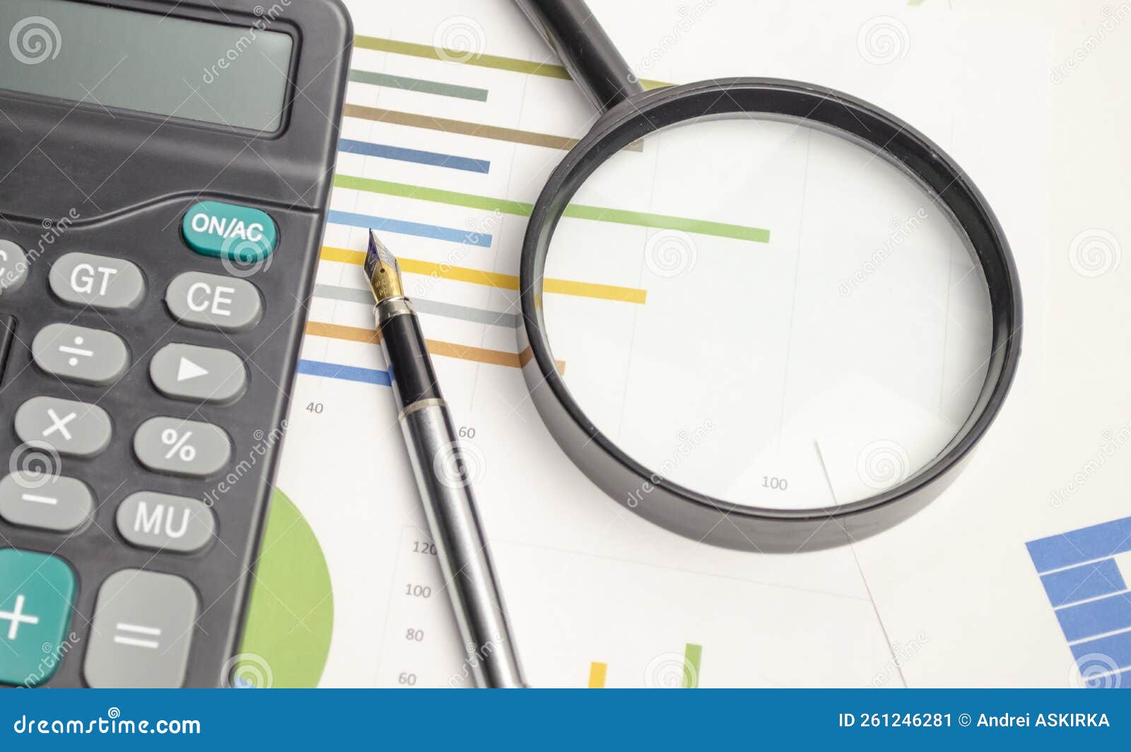 Calculator with Pen, Magnifying Glass on Charts Stock Image - Image of ...