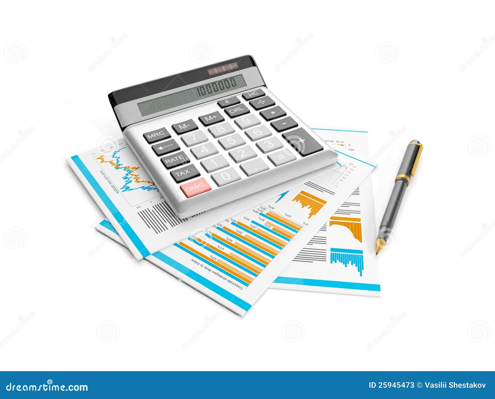 Calculator, pen and papers stock illustration. Illustration of data ...