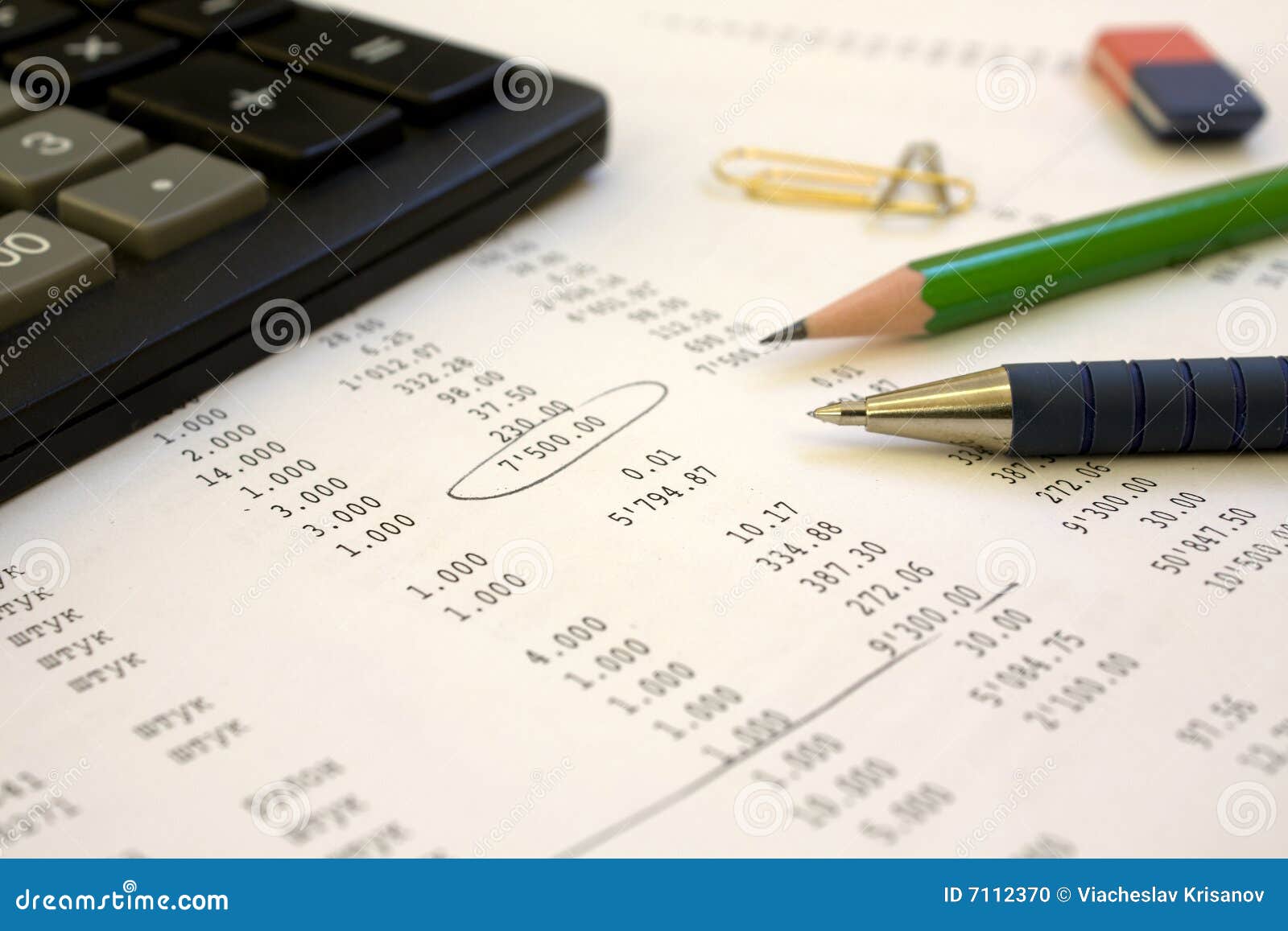 Calculator, pen, a pencil stock photo. Image of number - 7112370