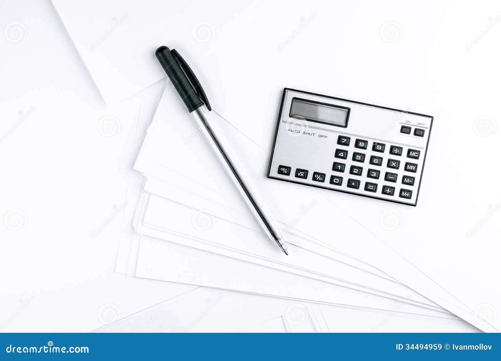 Calculator and Pen on White Paper Sheets Stock Image - Image of ...