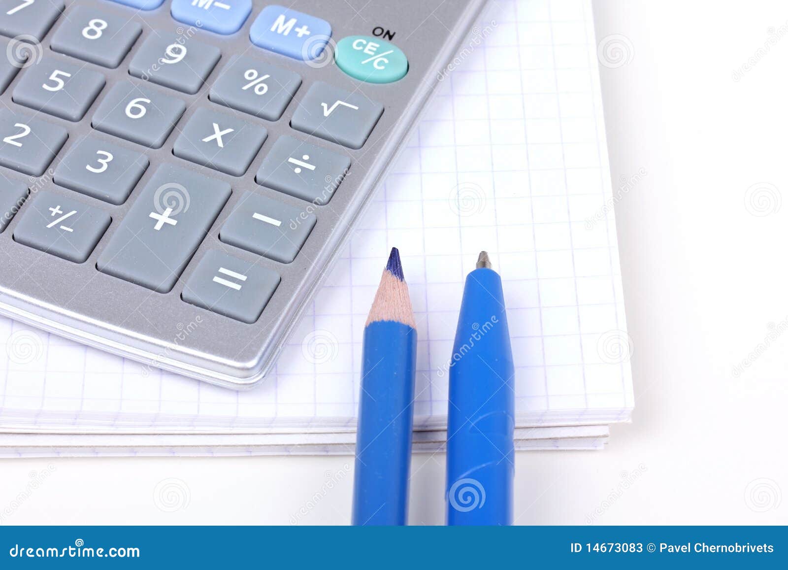 Calculator, Pencil and Pen on Paper Notebook Stock Image - Image of ...