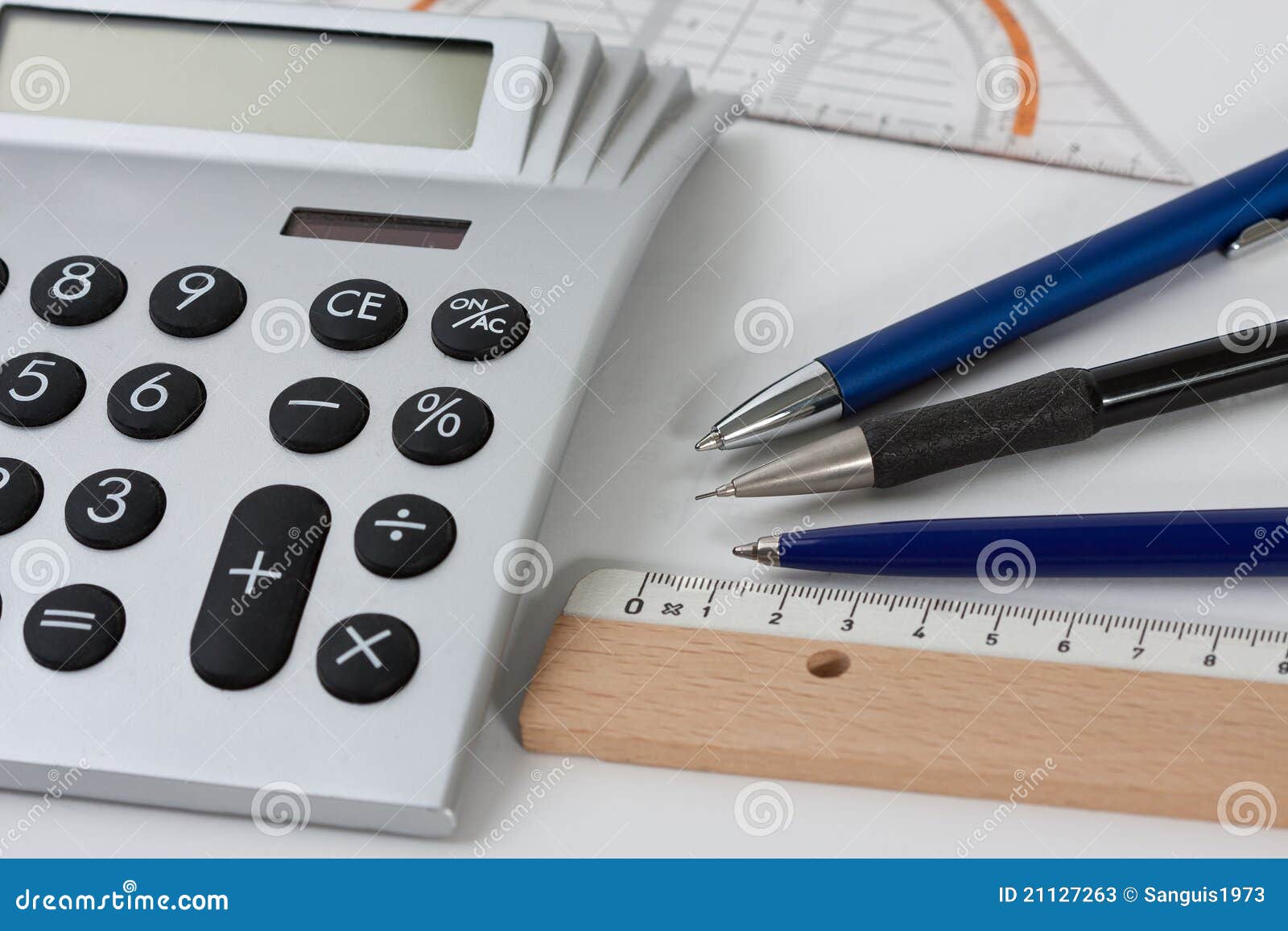 Calculator with Pens and a Ruler Stock Image - Image of office ...