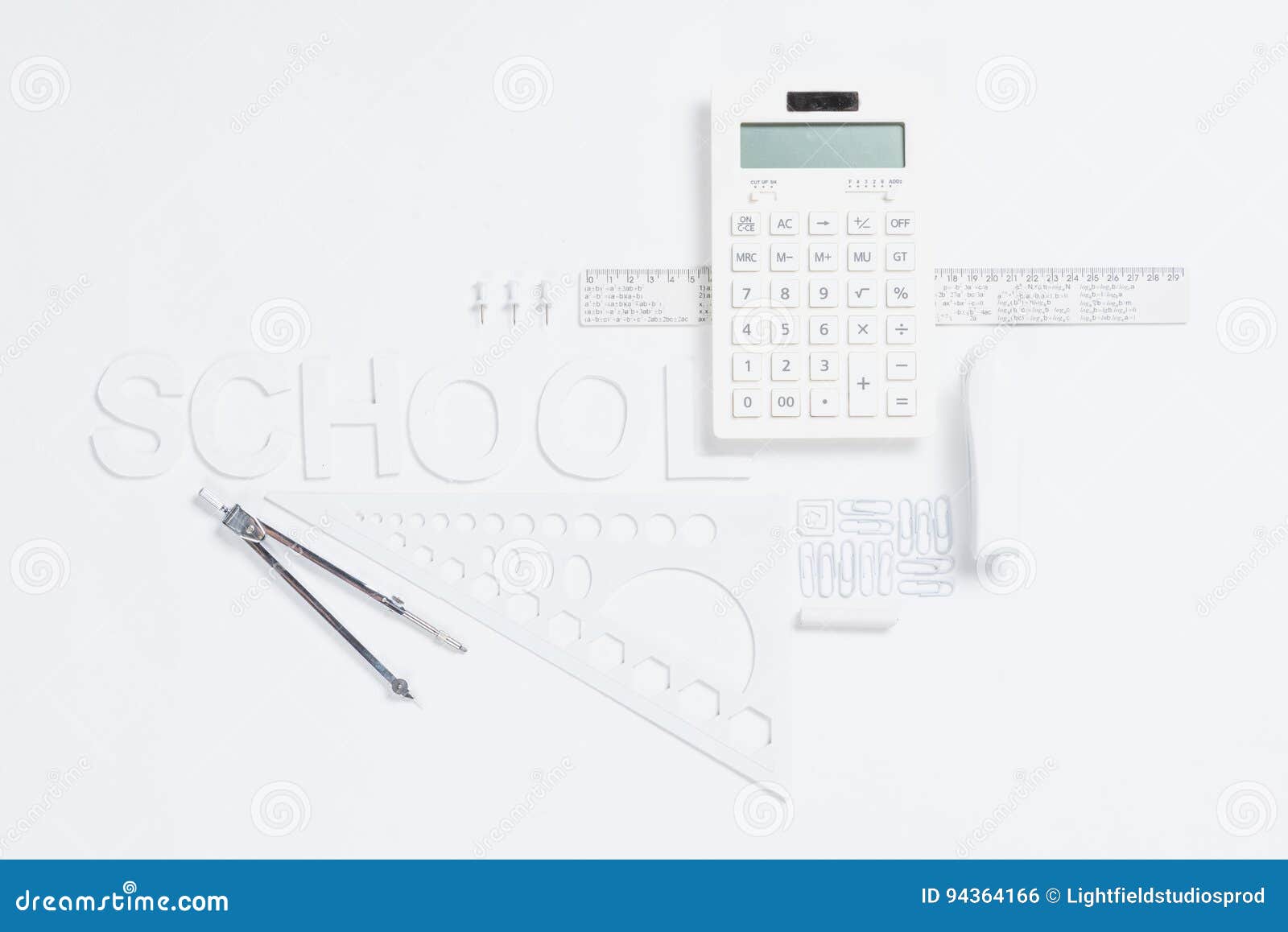 Calculator with Rulers and Stapler with Compasses Mock-up Stock Photo ...