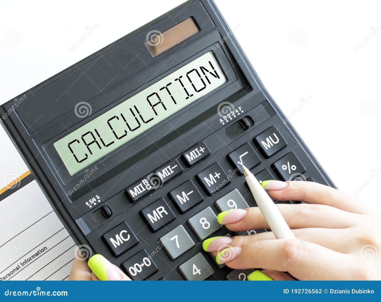 A Calculator with Text Calculation on the Display Stock Photo - Image ...