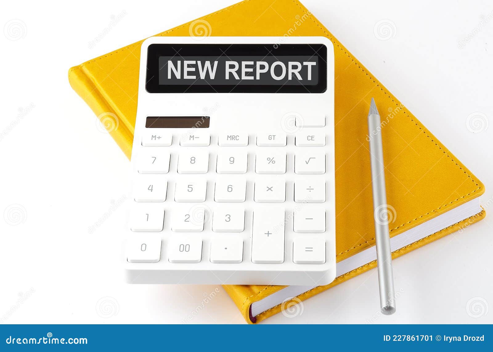 Calculator with the Text NEW REPORT on Display on Notebook Stock Image ...