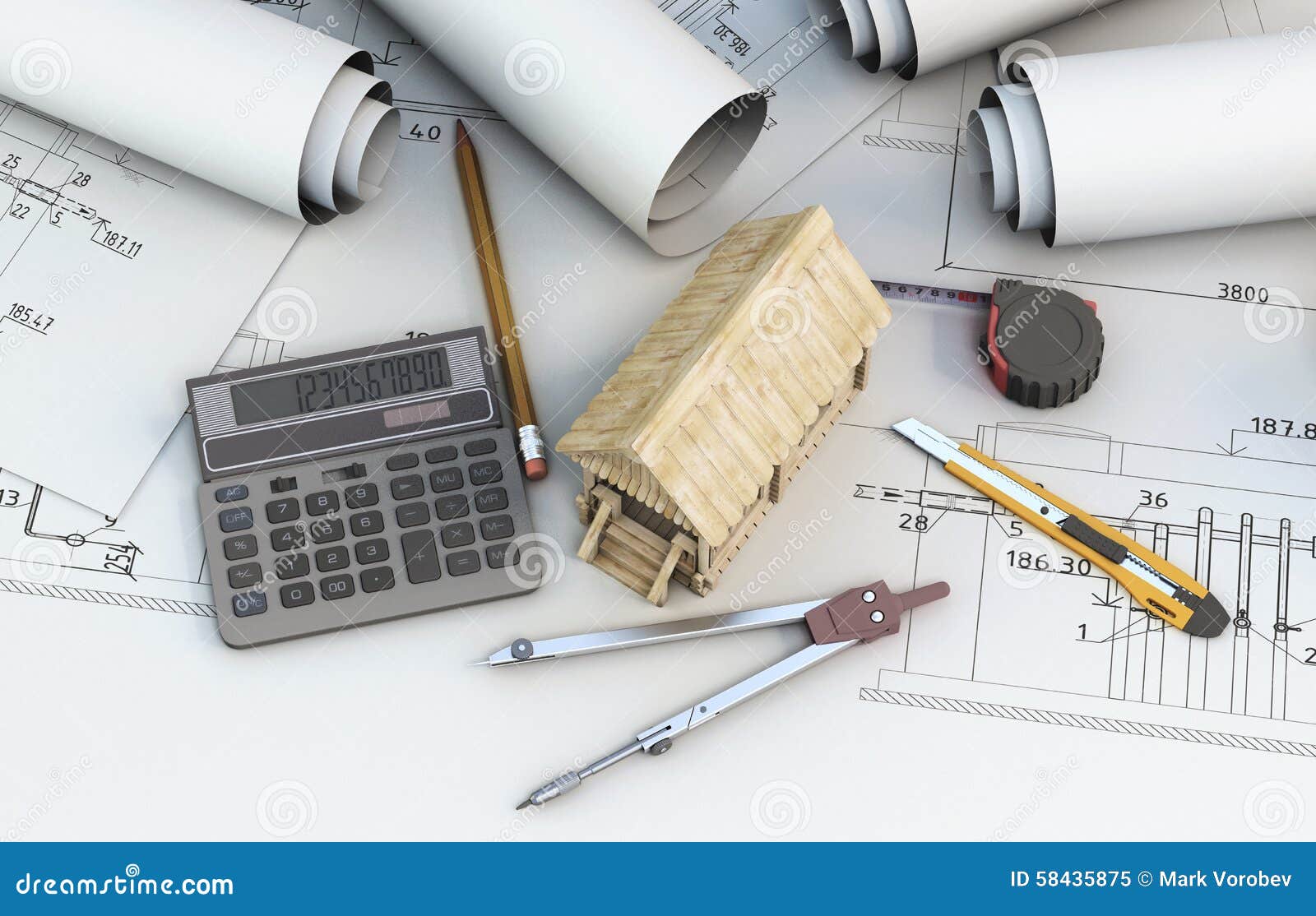 Calculator, Tools Designer and Wooden House on Projects Stock ...