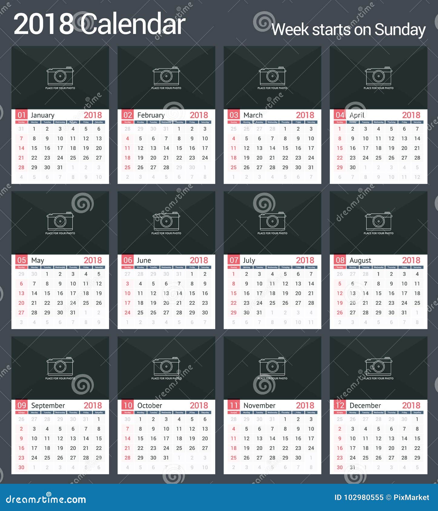 Calendário 2018 ilustração do vetor. Ilustração de mensal - 102980555