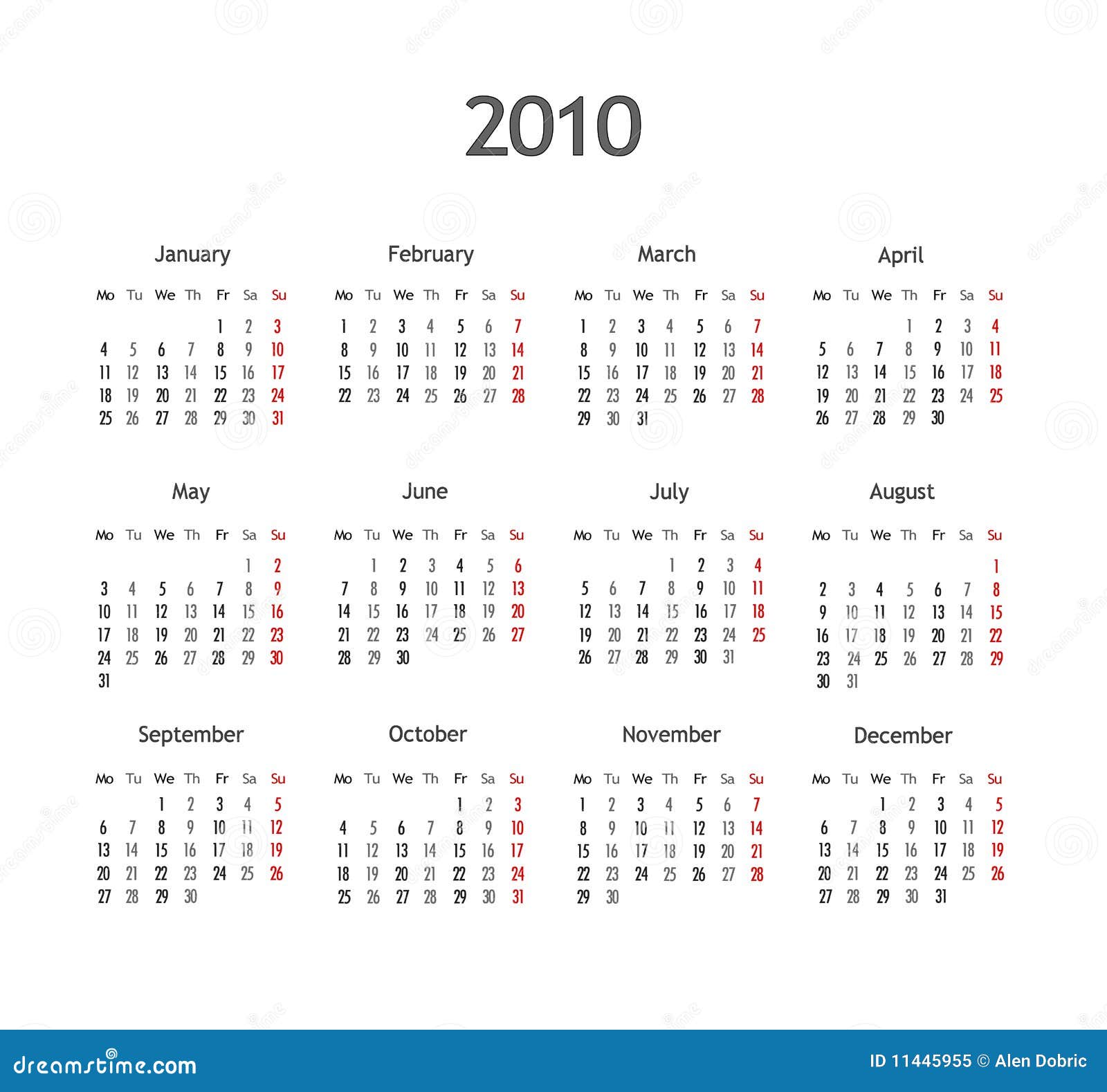 Calendário 2010 ilustração stock. Ilustração de original - 11445955