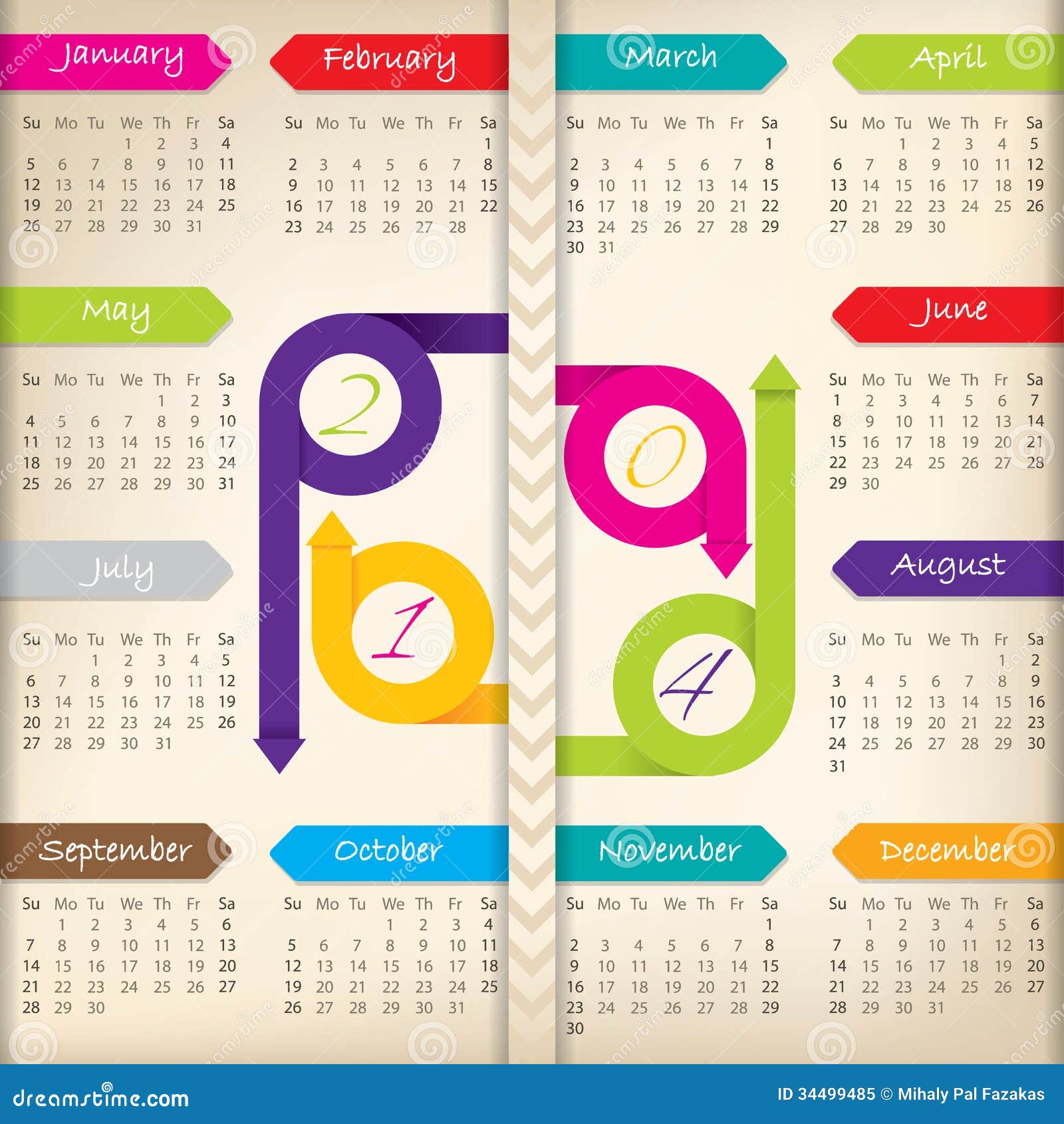 Calendário 2014 Com As Fitas Da Seta Da Cor Ilustração do Vetor ...