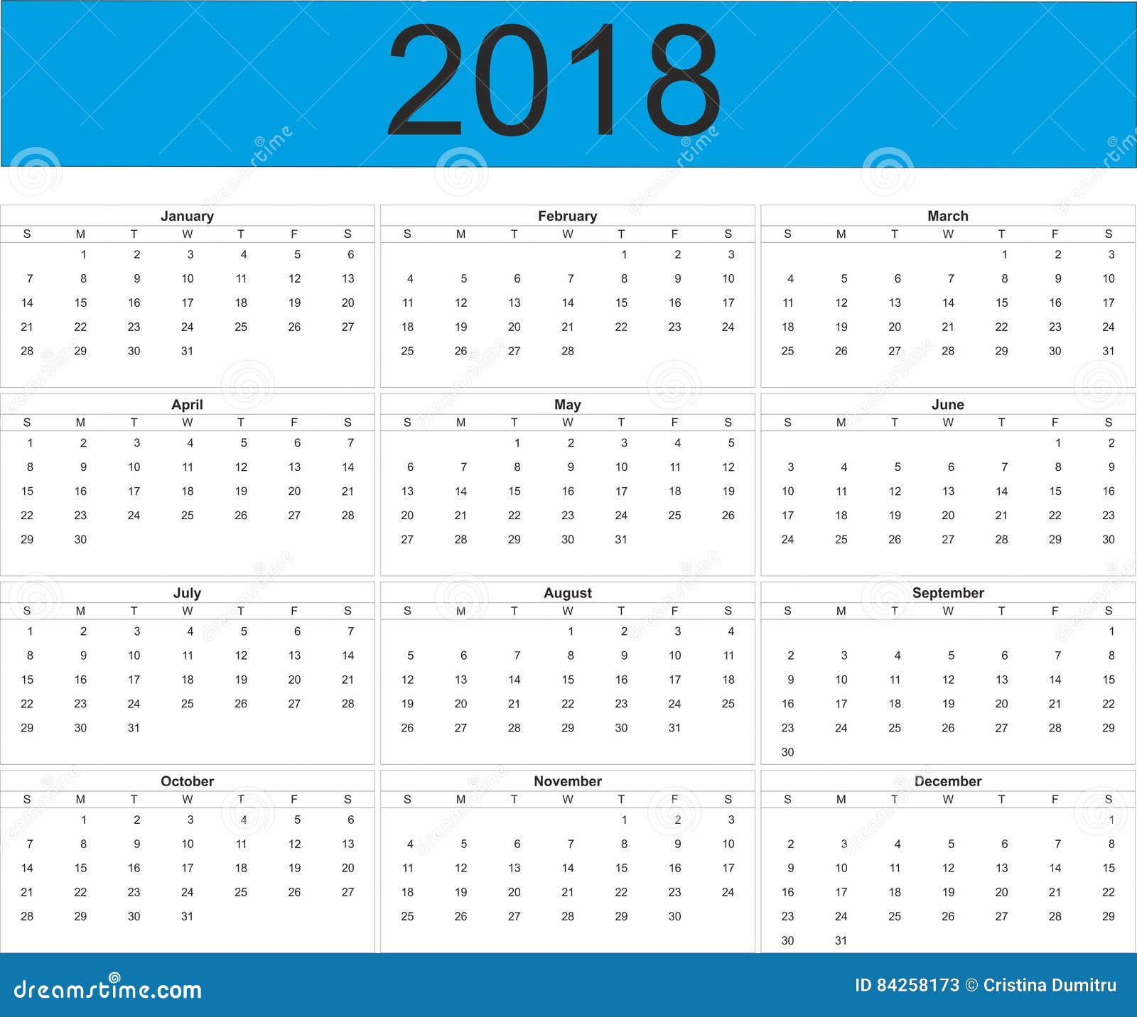 Calendário Completo Do Ano 2018 Ilustração Stock - Ilustração de meses ...