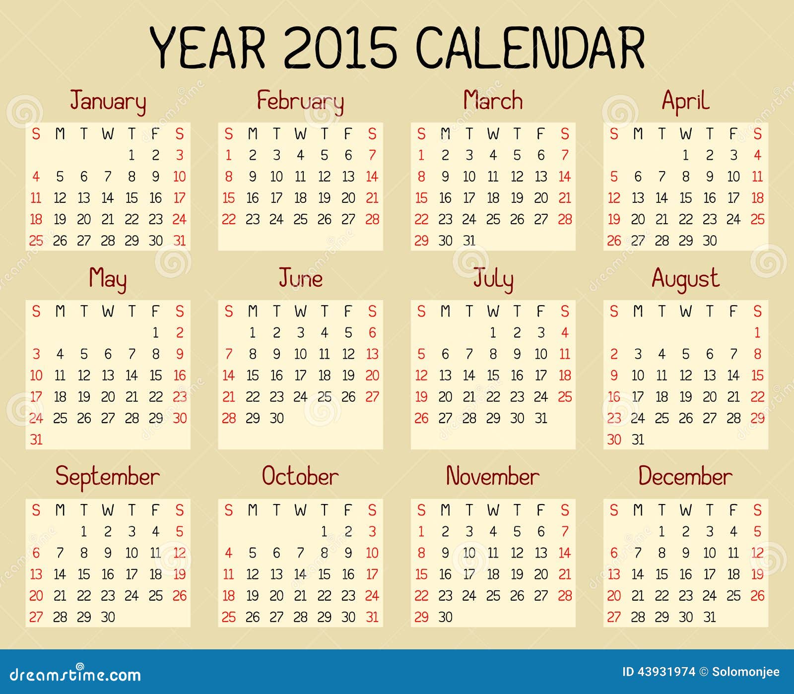 Calendário do ano 2015 ilustração do vetor. Ilustração de semana - 43931974