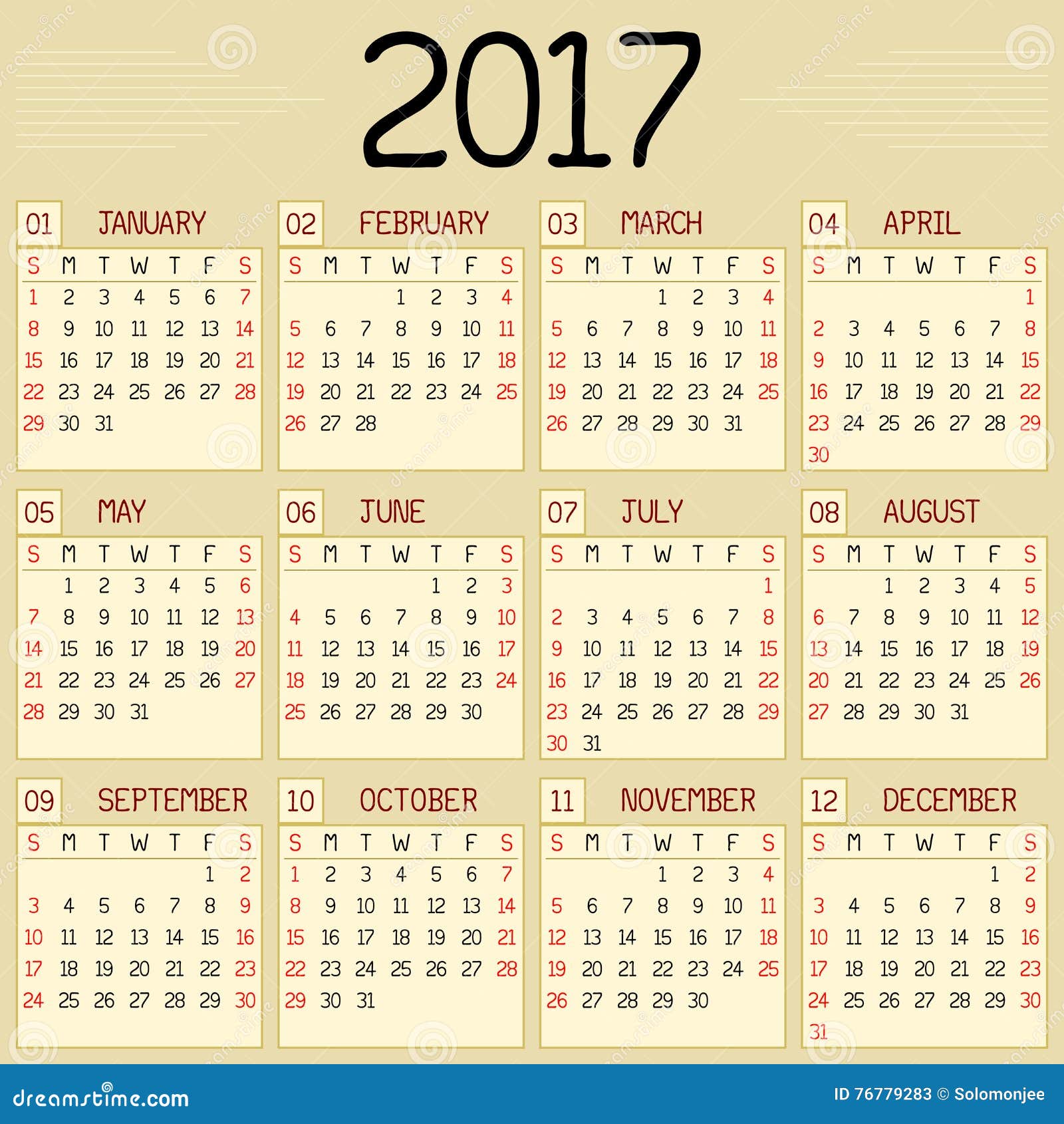 Calendário do ano 2017 ilustração do vetor. Ilustração de vetor - 76779283