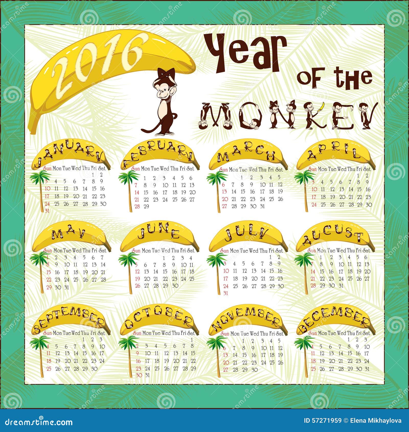 Calendário do macaco ilustração do vetor. Ilustração de molde - 57271959