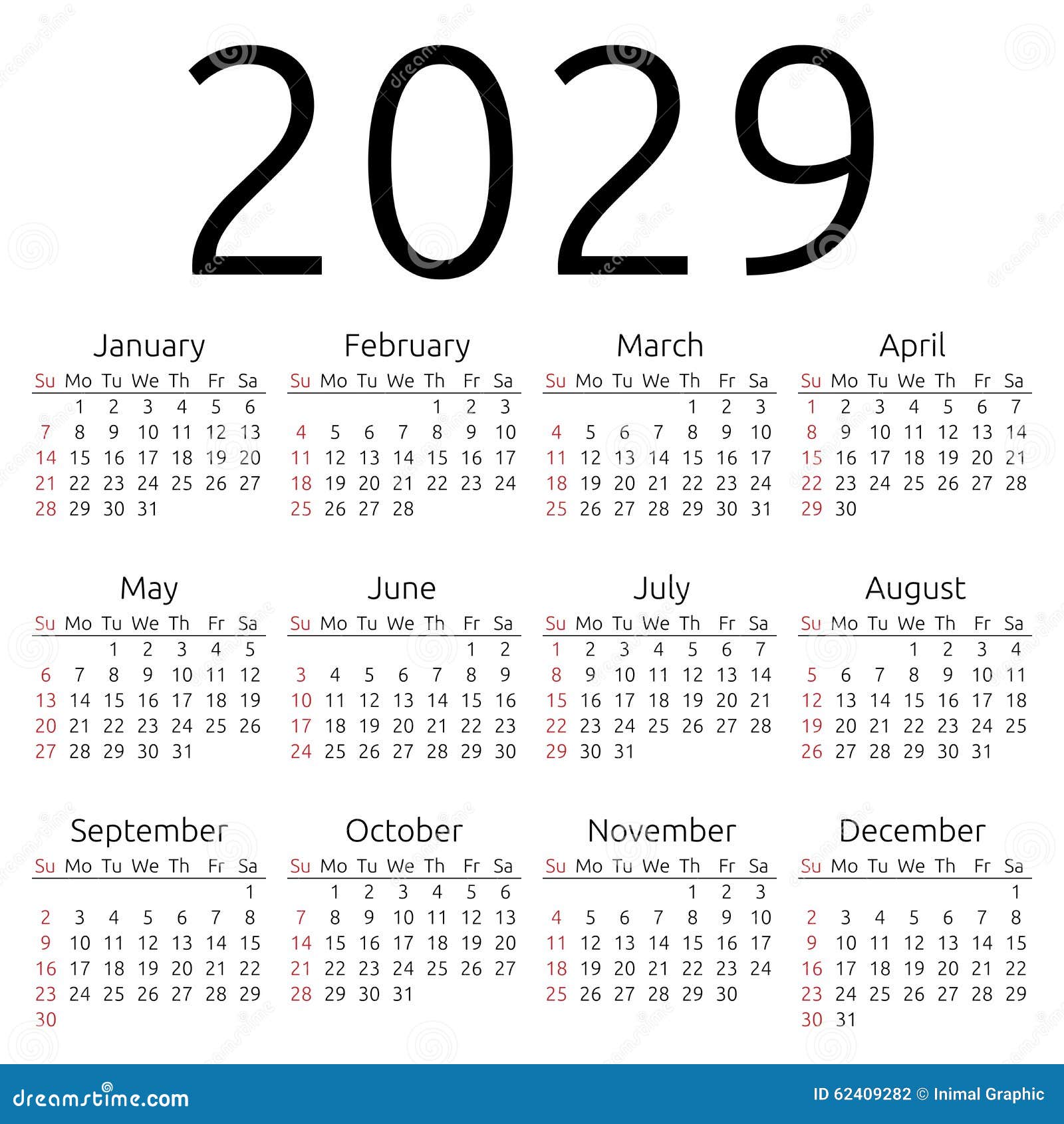 Calendário 2029 Do Vetor, Domingo Ilustração do Vetor - Ilustração de ...