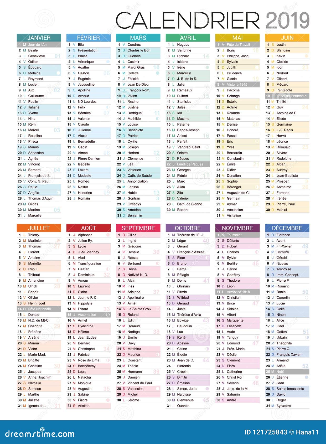 Calendário francês 2019 ilustração do vetor. Ilustração de mensal ...