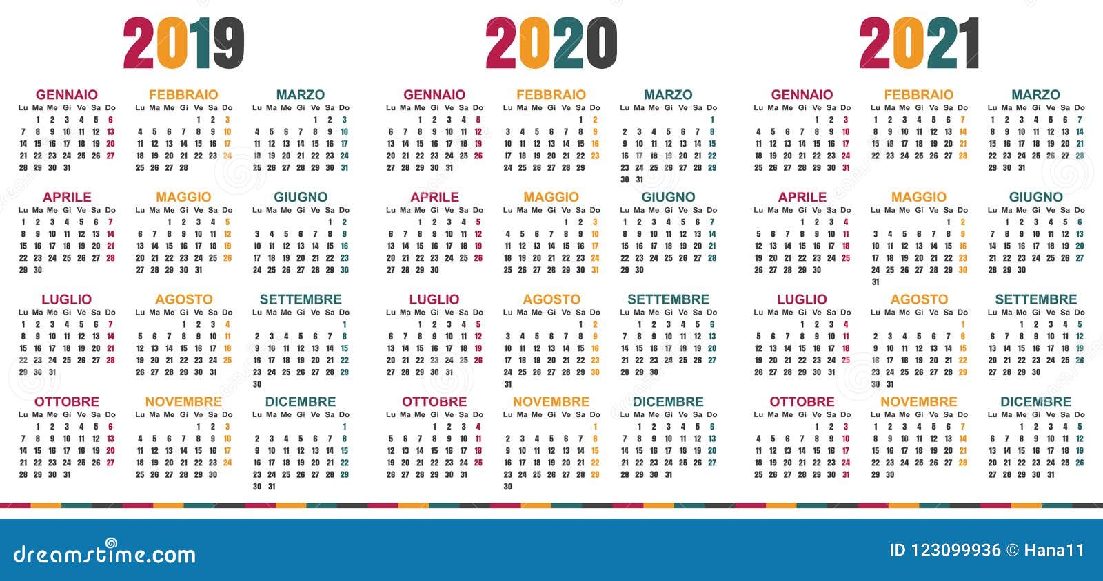 Calendário Italiano 2019-2021 Ilustração do Vetor - Ilustração de ...