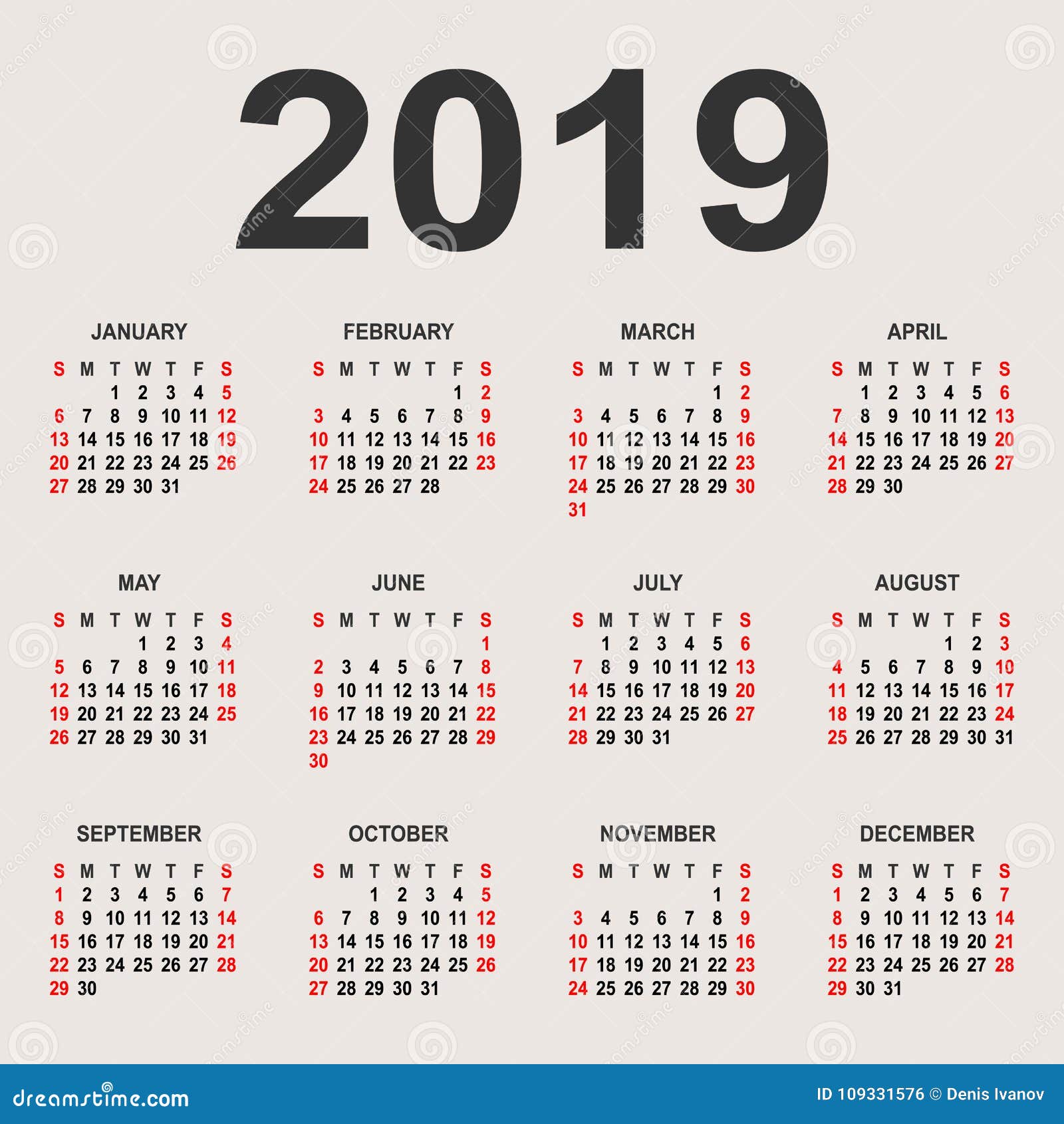 Calendário Molde De Um Projeto De 2019 Anos Ilustração Stock ...