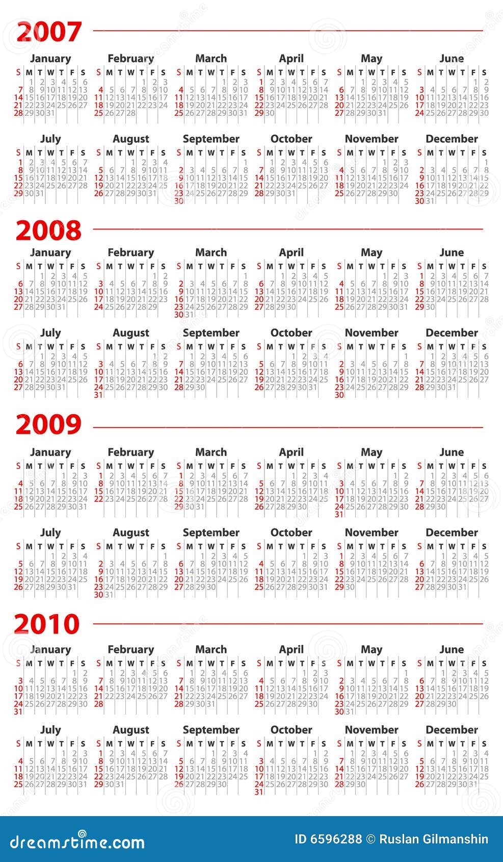 Calendário Para 2007, 2008, 2009 E 2010 Ilustração do Vetor ...