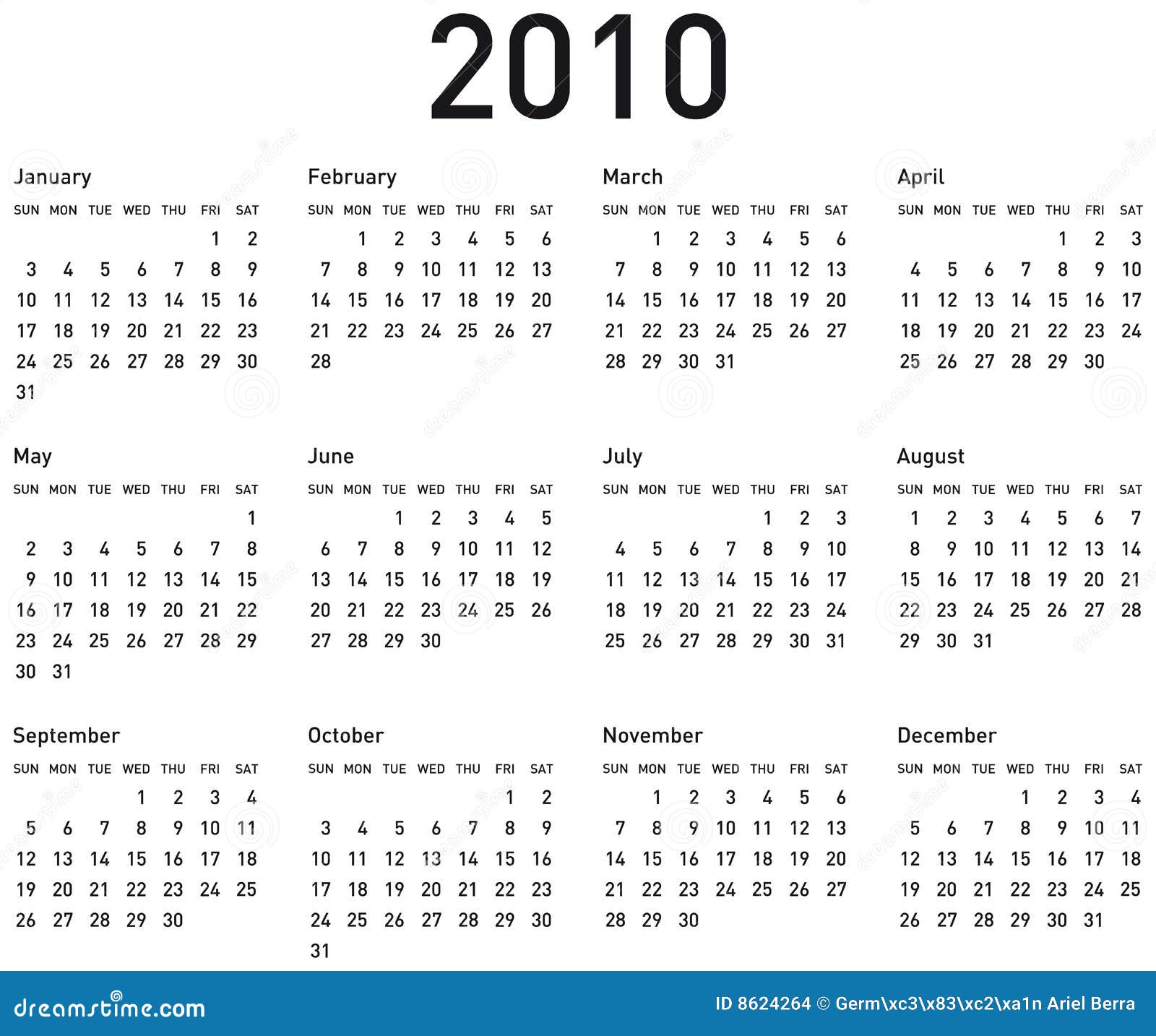 Calendário Simples Para 2010. Ilustração do Vetor - Ilustração de meses ...