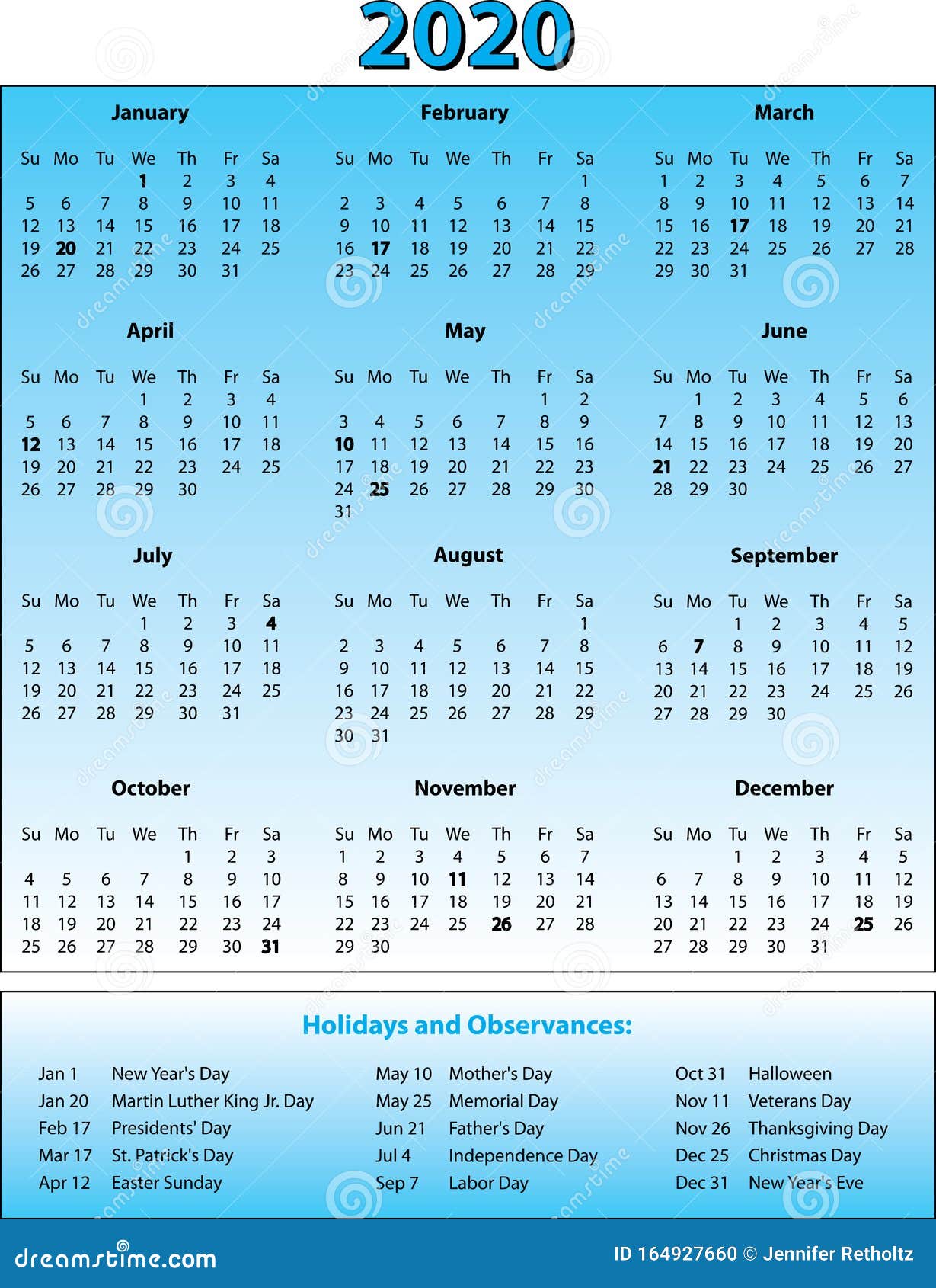 2020 Color Calendar Full Page Stock Illustration - Illustration of days ...