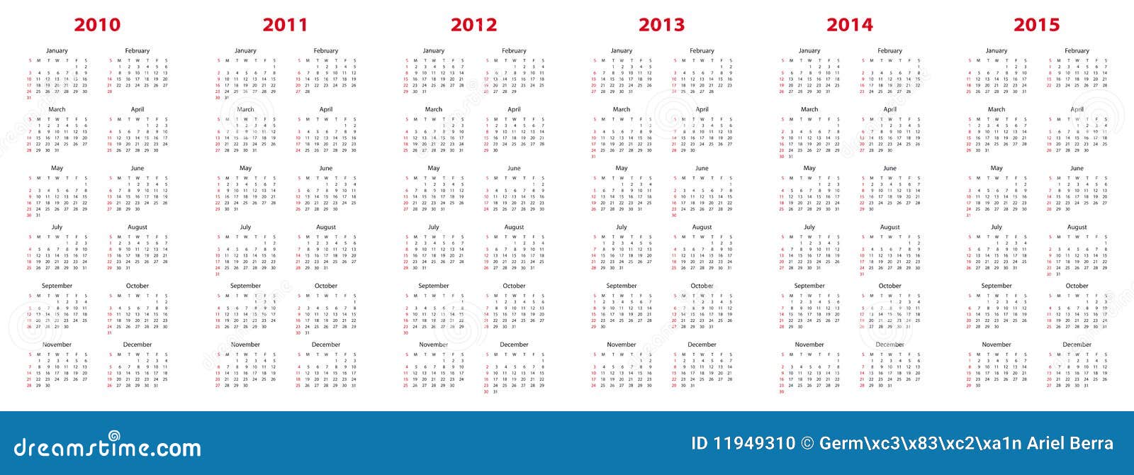 Calendar for 2010 through 2015 Stock Vector - Illustration of agenda ...