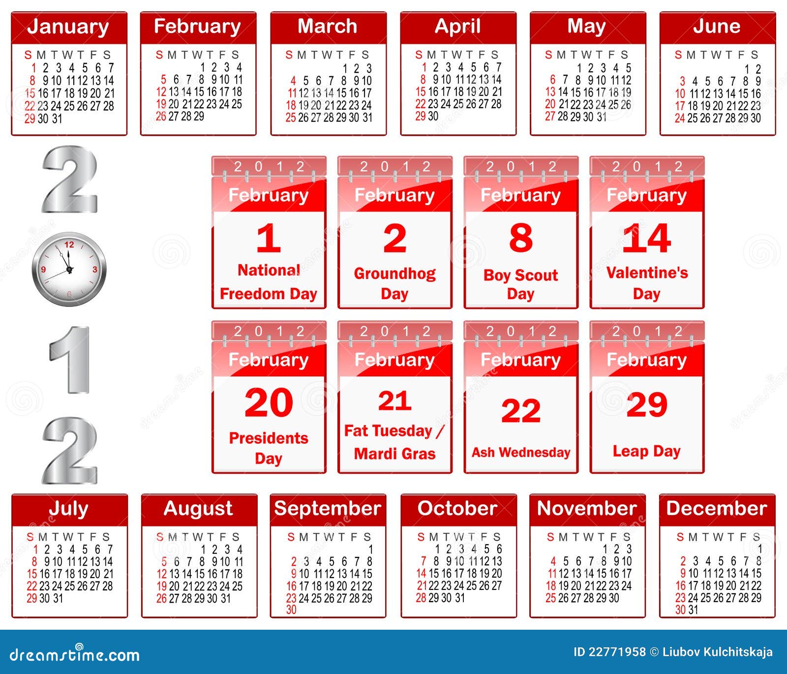 Calendar for 2012. stock vector. Illustration of clock - 22771958